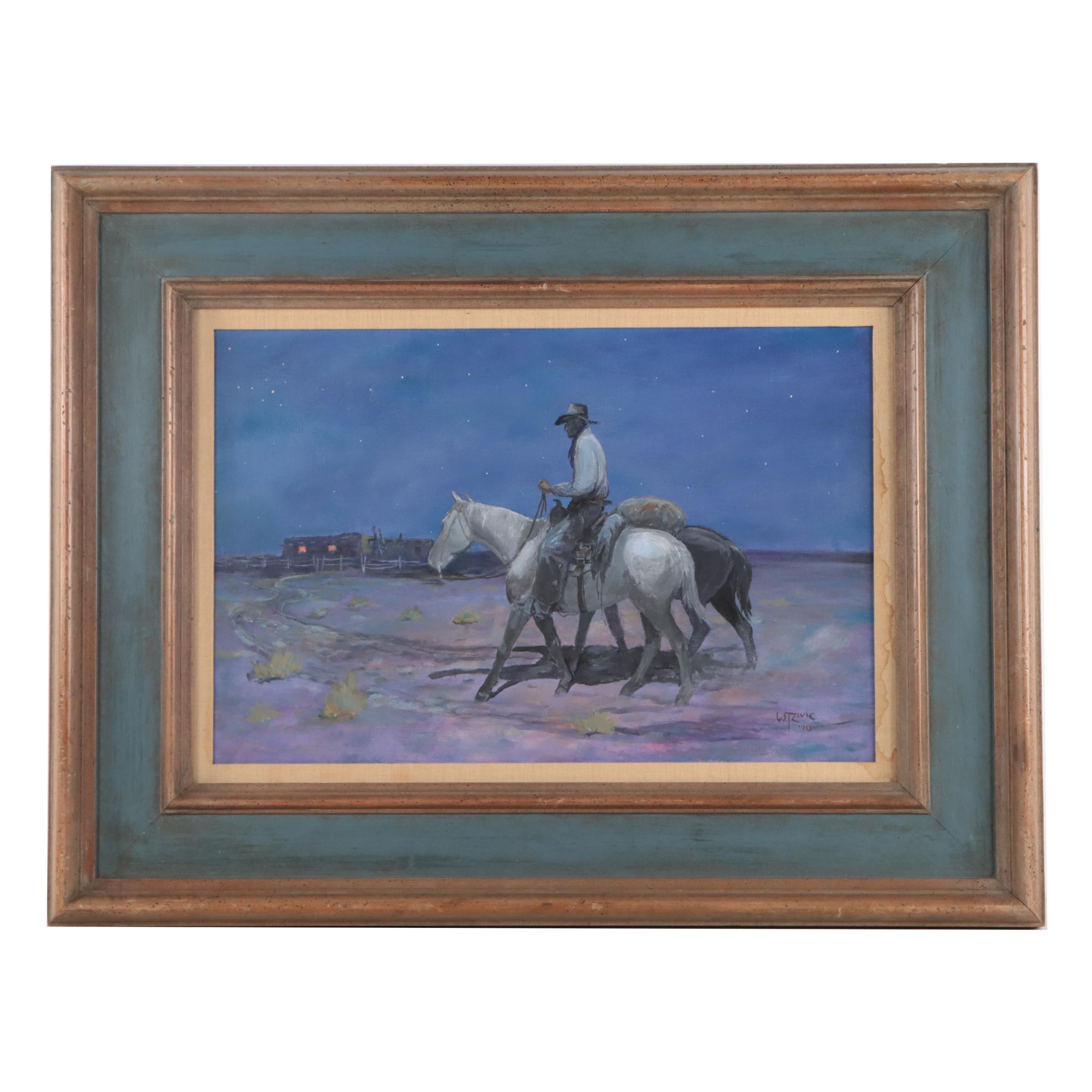 William T. Zivic Oil Painting of "Cowboy Rider at Twilight," 1970 | EBTH