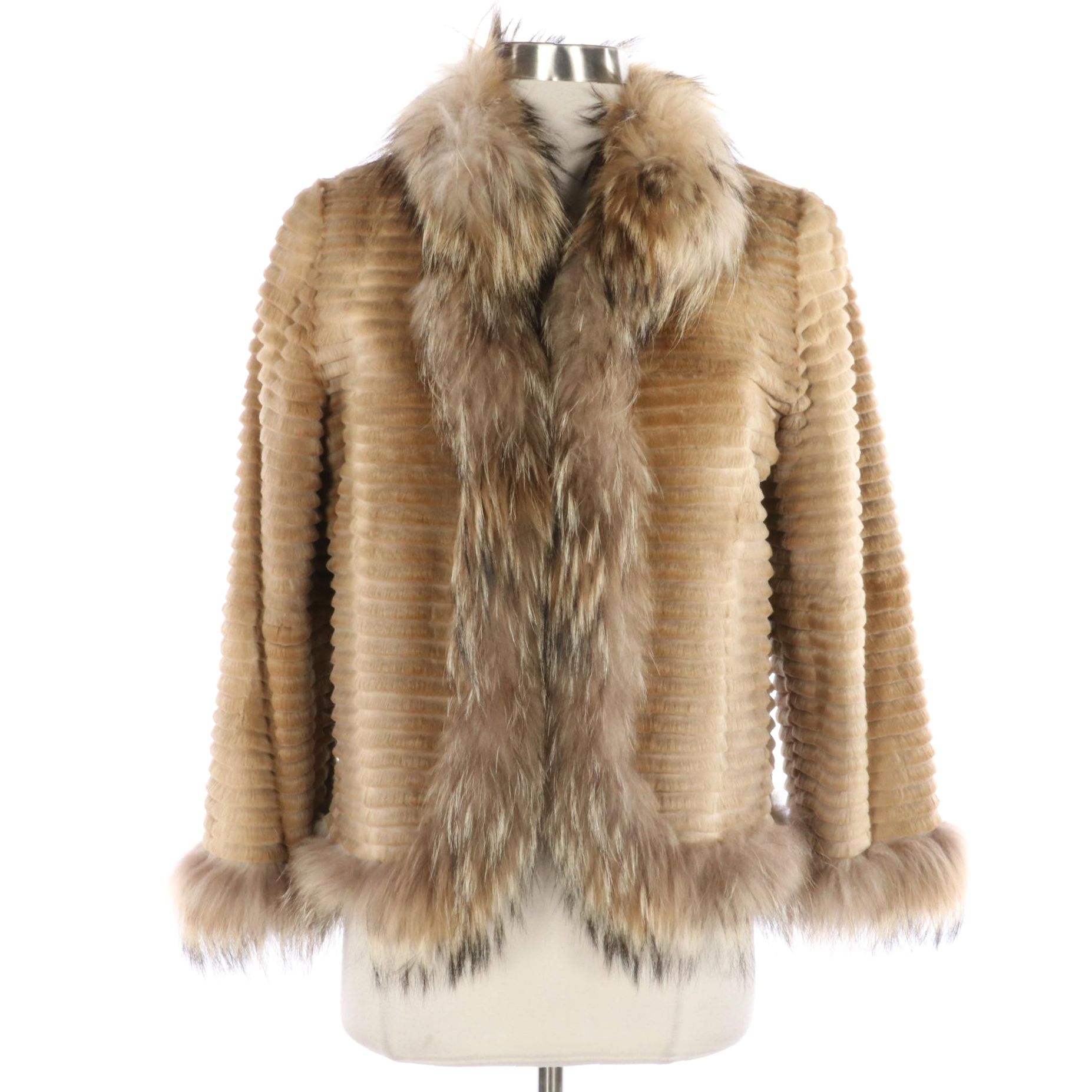 Reversible Corded Clipped Rabbit Fur/Fabric Jacket with Tanuki Fur Trim ...