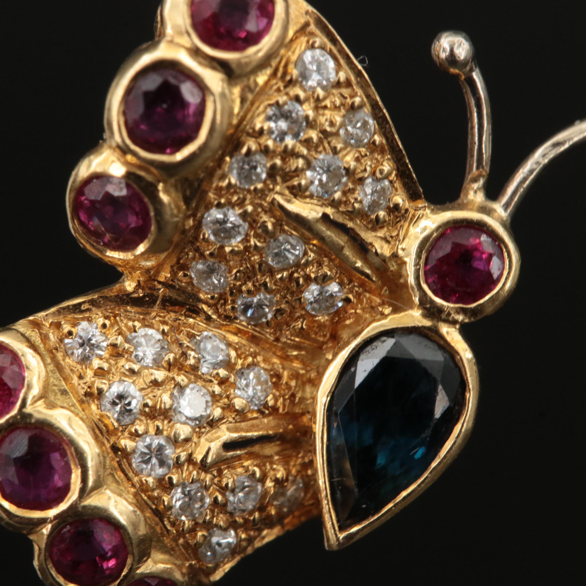 19K Sapphire, Ruby and Diamond Butterfly Pendant | EBTH