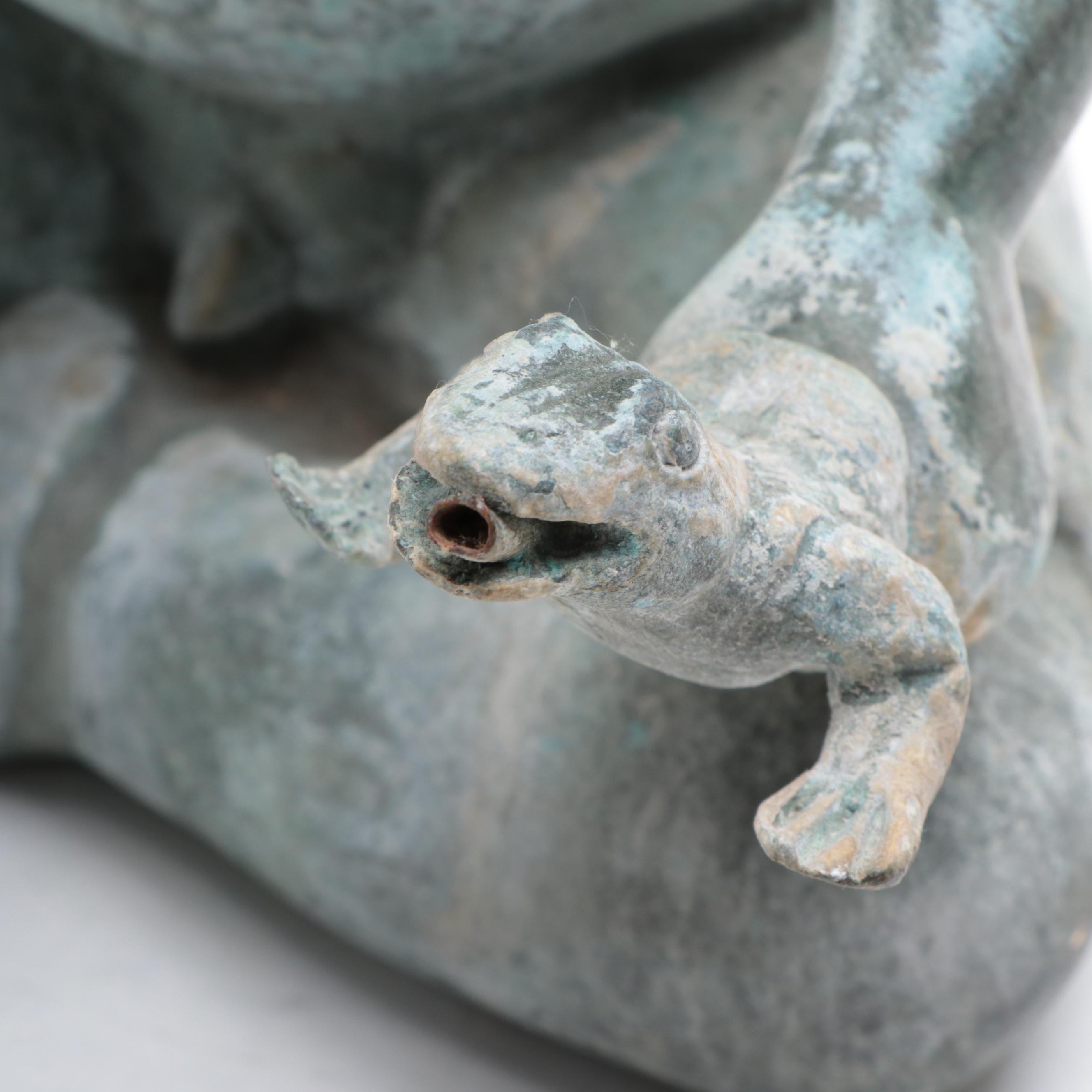 Verdigris Boy Holding Frog Metal Figure Fountain Head | EBTH