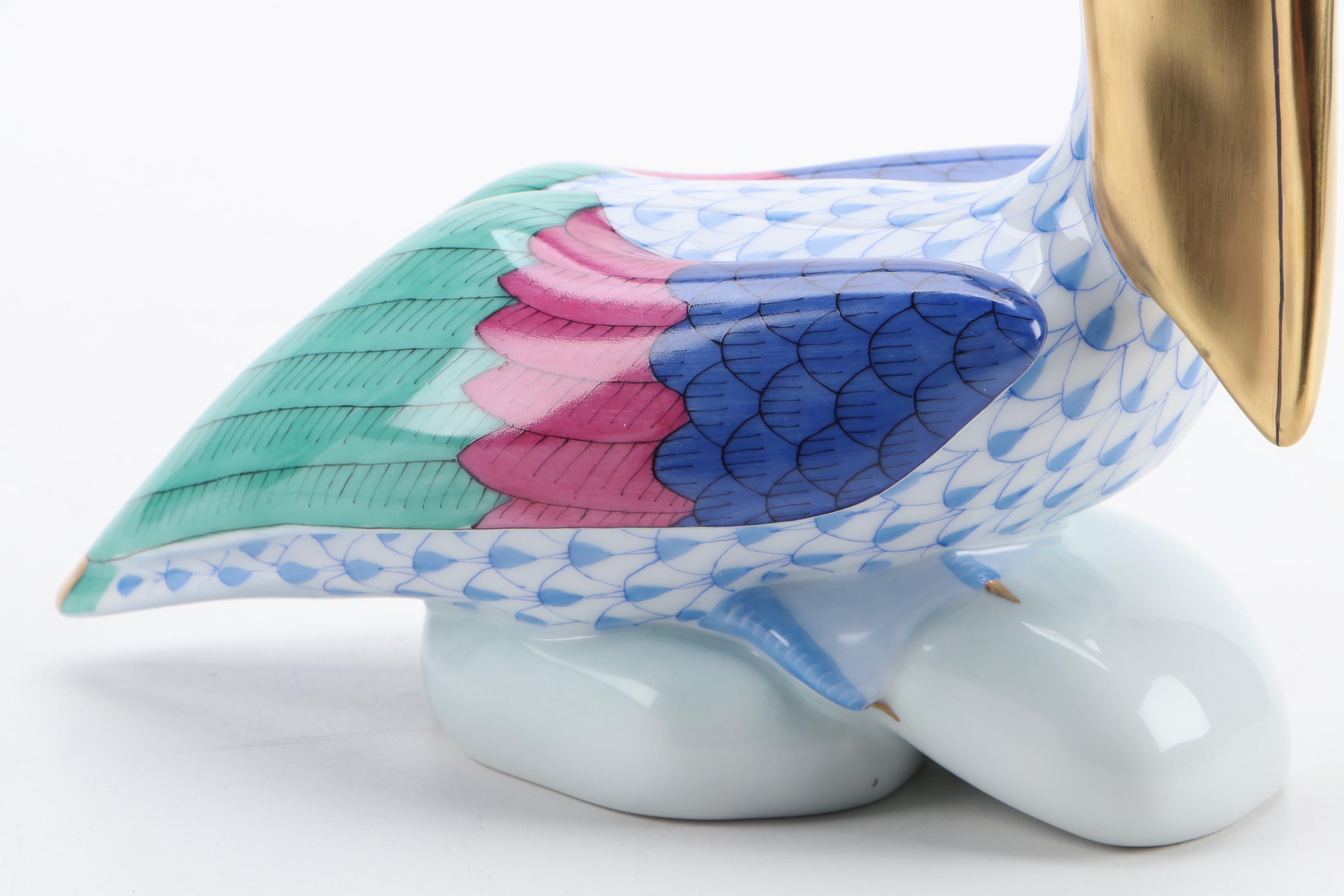Herend Blue Fishnet with Gold "Pelican on Rocks" Porcelain Figurine | EBTH