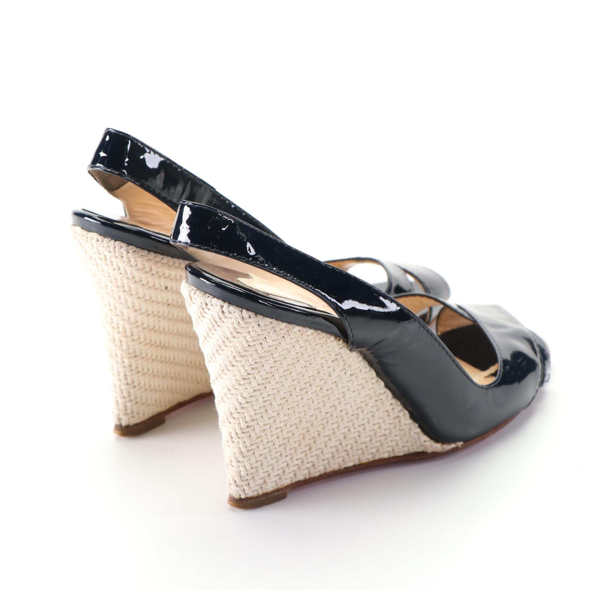 Christian Louboutin Black Patent Leather Espadrille Wedge Sandals | EBTH