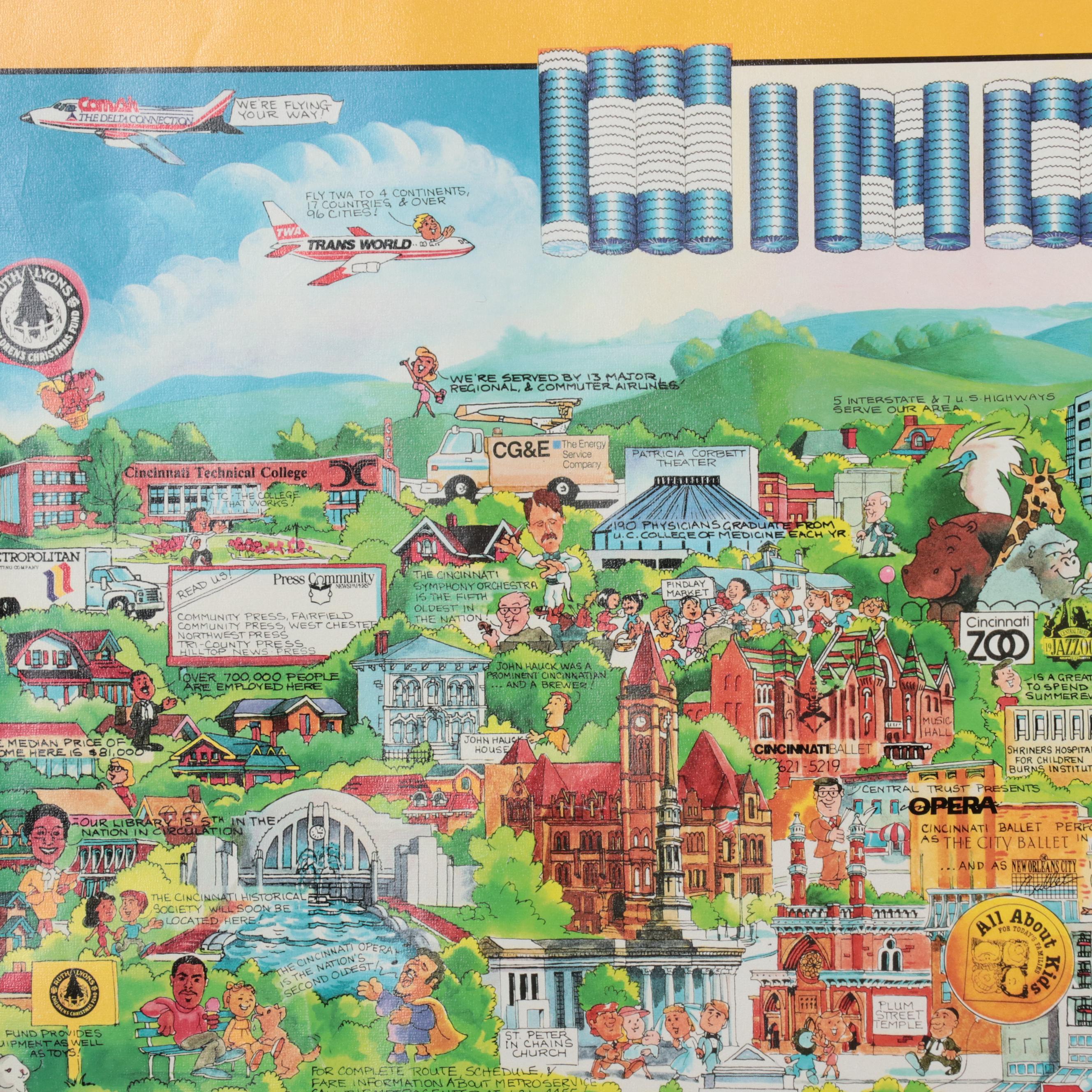 Laura Urquhart Offset Lithograph Pictorial Maps "Cincinnati, USA," 1989 ...