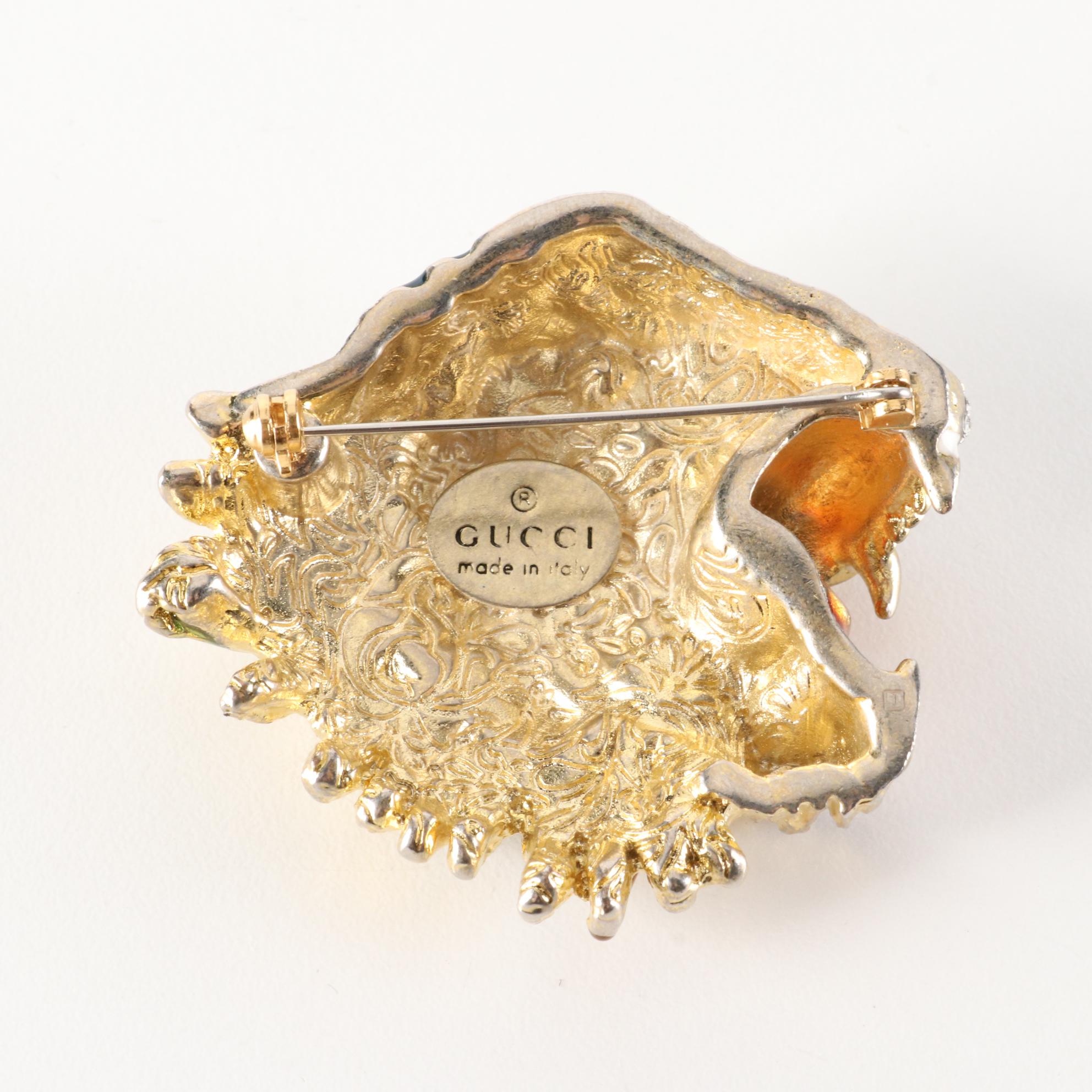 Gucci Rajah Tiger Head Embellished Brooch in Gold-Tone Metal with Box ...