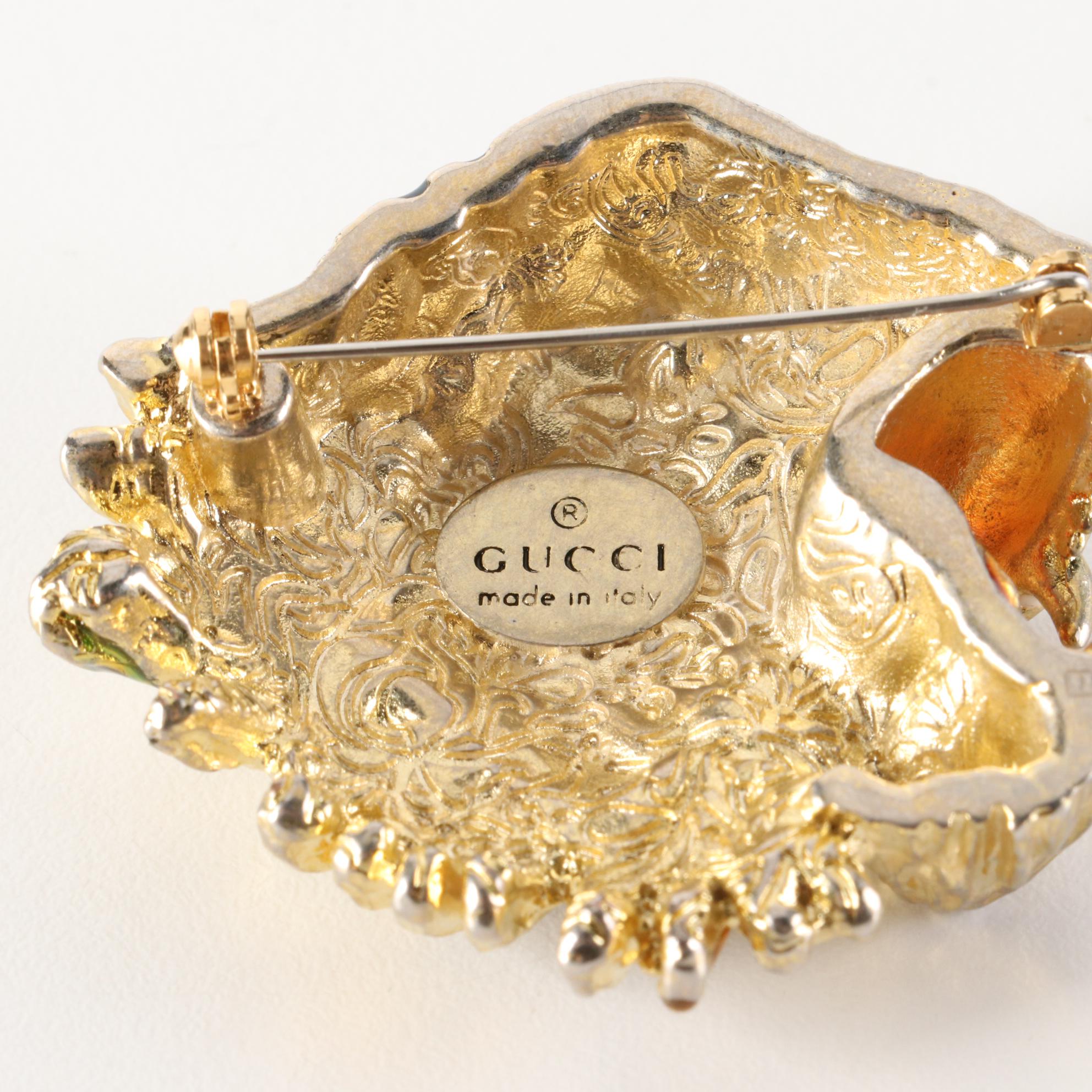 Gucci Rajah Tiger Head Embellished Brooch in Gold-Tone Metal with Box ...