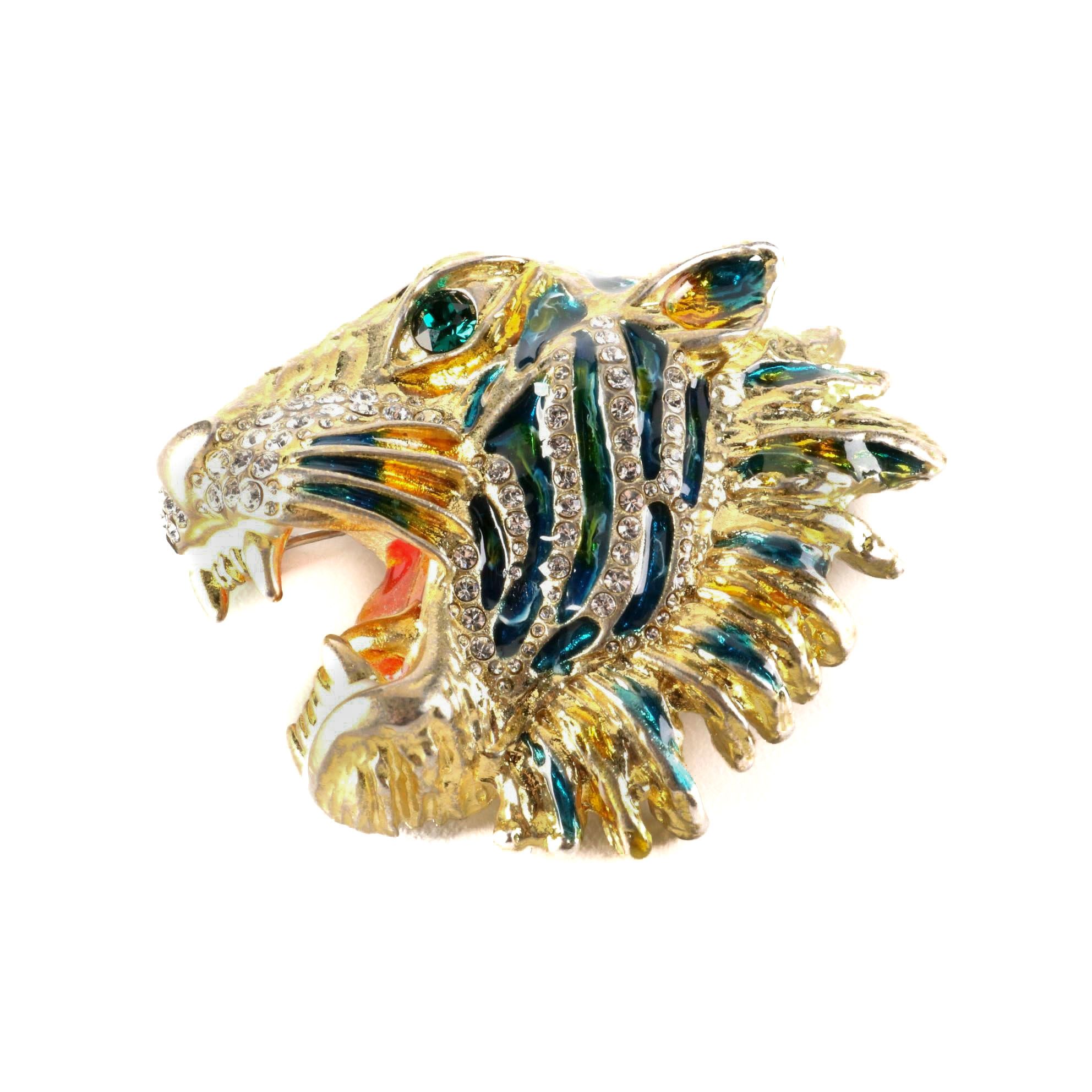 Gucci Rajah Tiger Head Embellished Brooch in Gold-Tone Metal with Box ...
