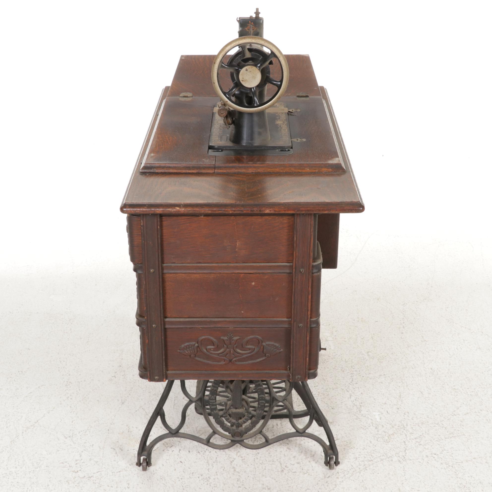 Singer Model 27-4 Treadle Sewing Machine in Oak and Iron Cabinet, Circa ...