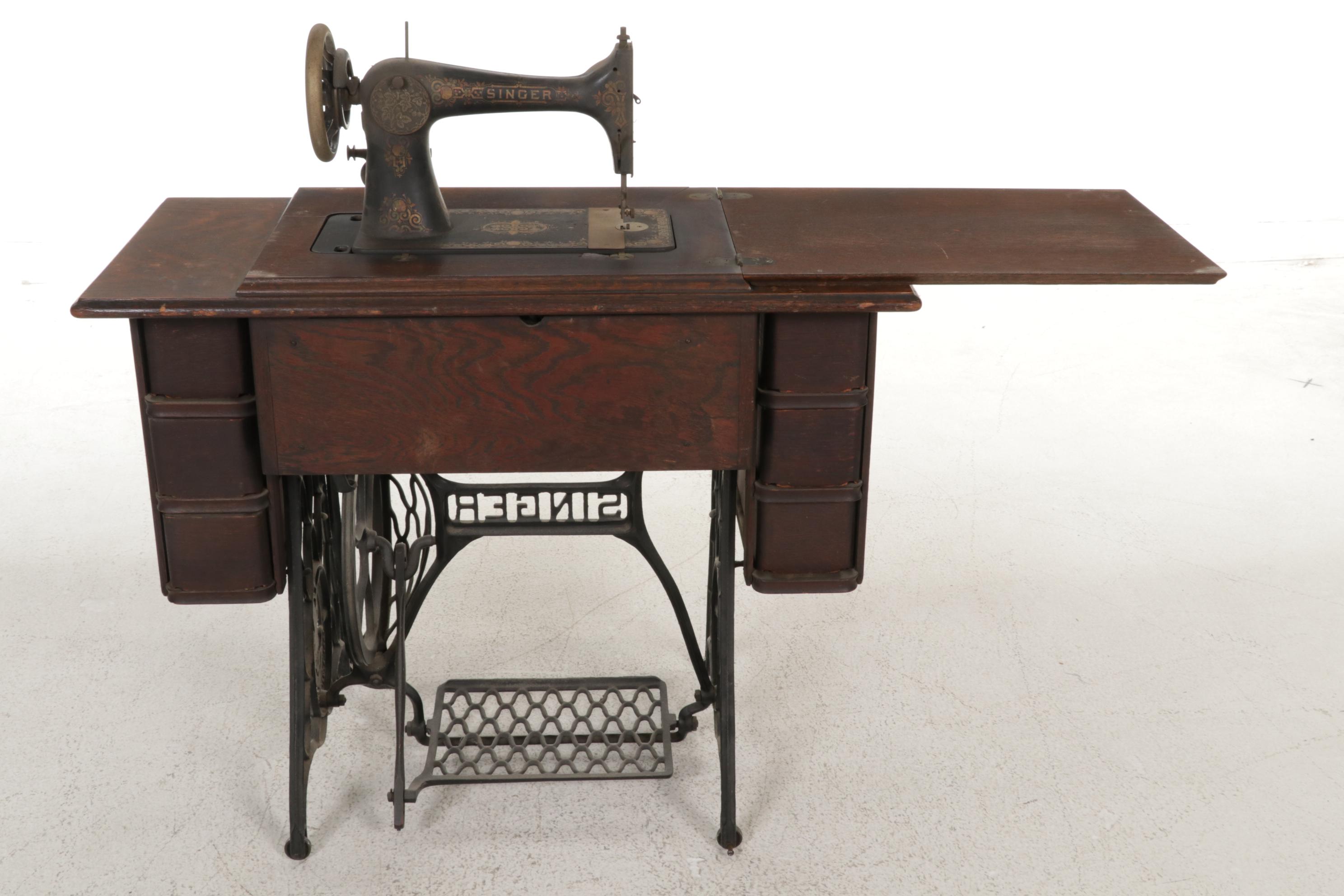 Singer Model 27-4 Treadle Sewing Machine in Oak and Iron Cabinet, Circa ...