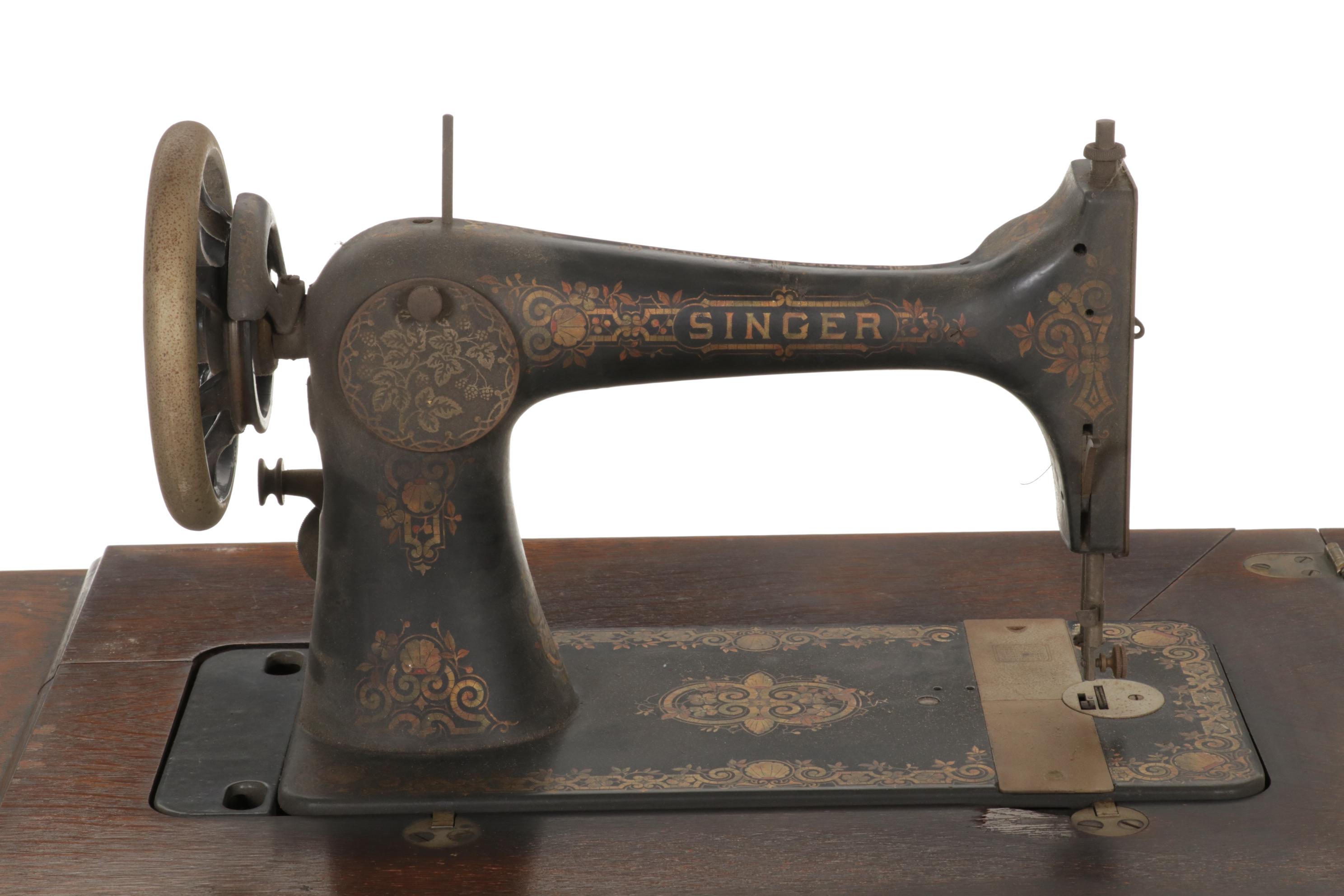 Singer Model 27-4 Treadle Sewing Machine in Oak and Iron Cabinet, Circa ...