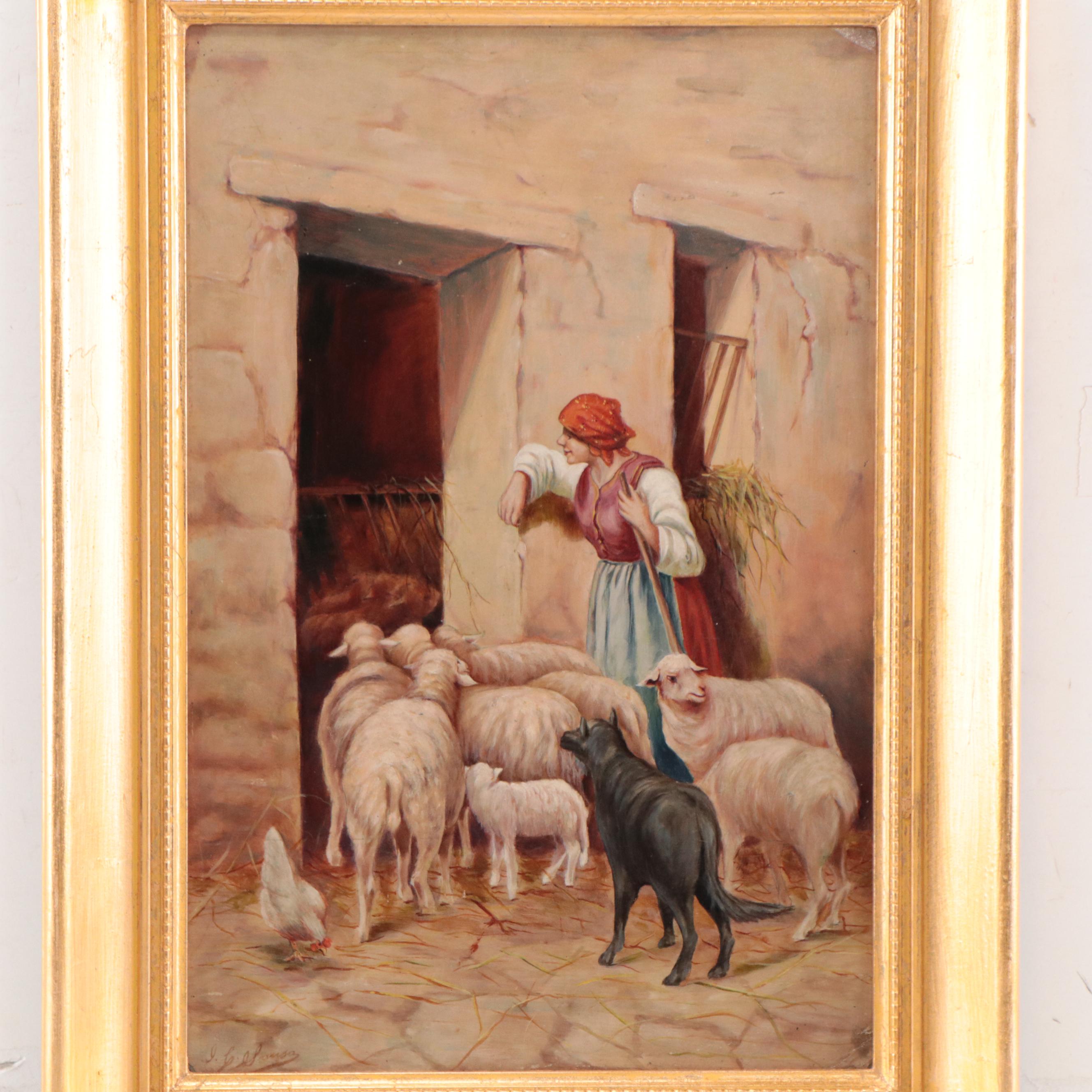 Oil Painting of Shepard With Sheep Flock | EBTH