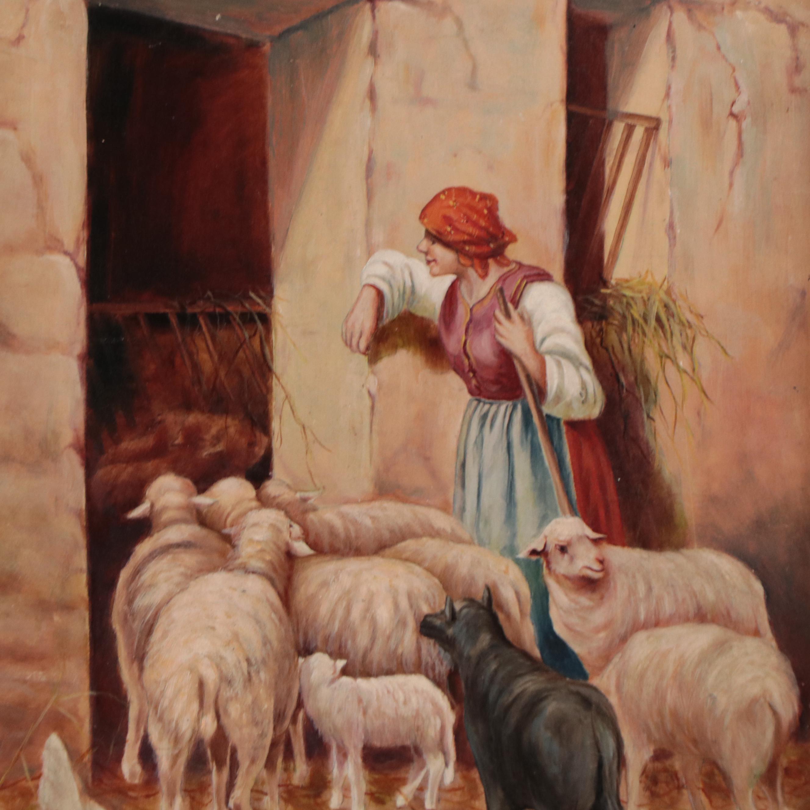 Oil Painting of Shepard With Sheep Flock | EBTH