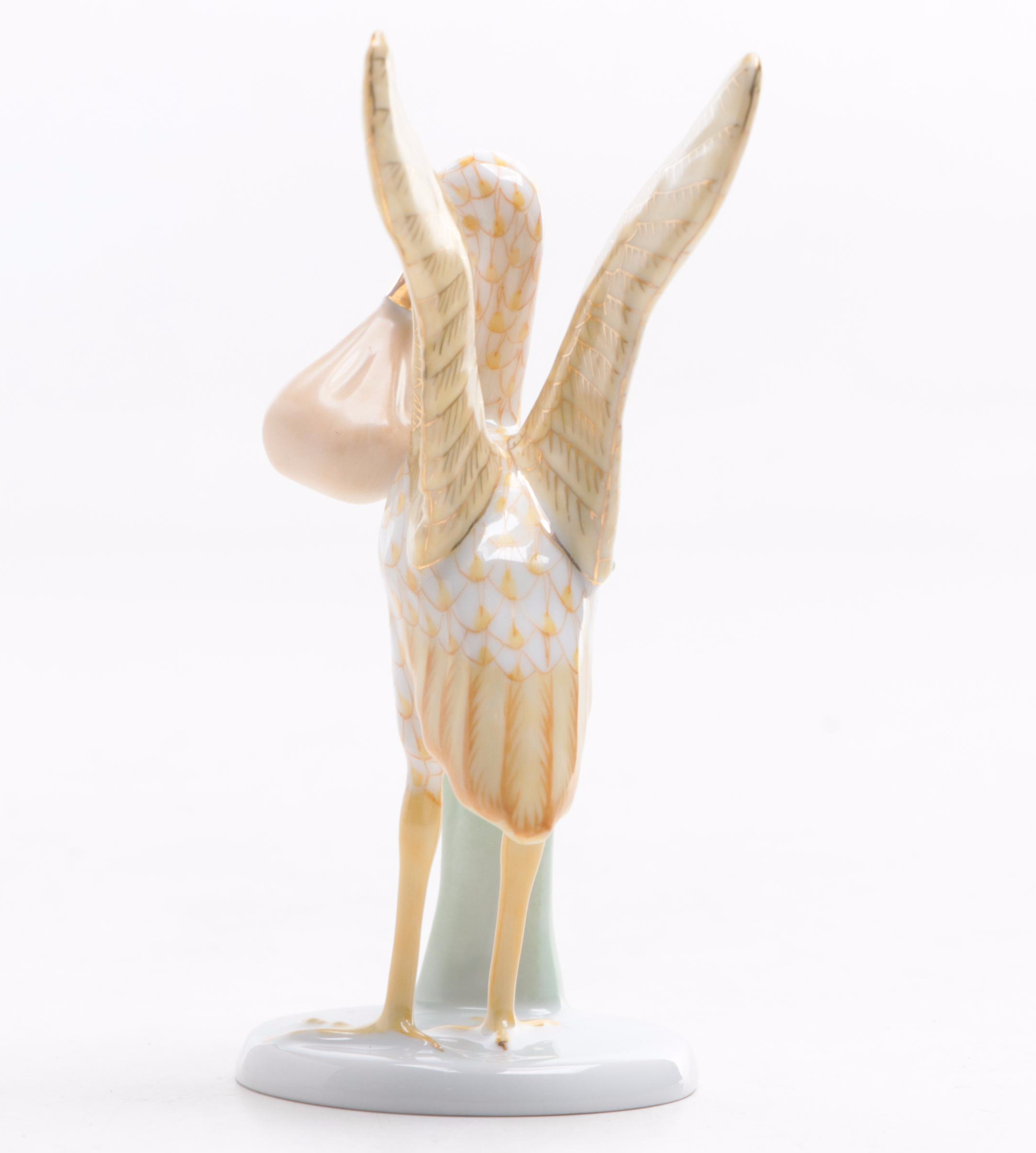 Herend Butterscotch with Gold "Stork and Baby" Porcelain Figurine | EBTH