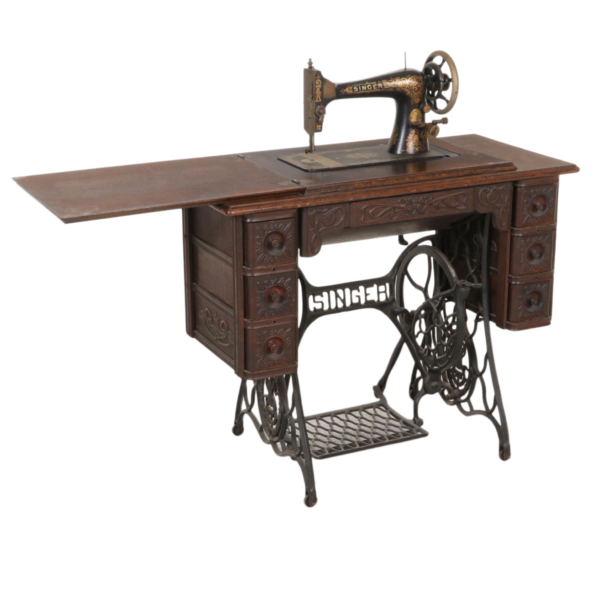 Singer Model 27-4 Treadle Sewing Machine in Oak and Iron Cabinet, Circa ...