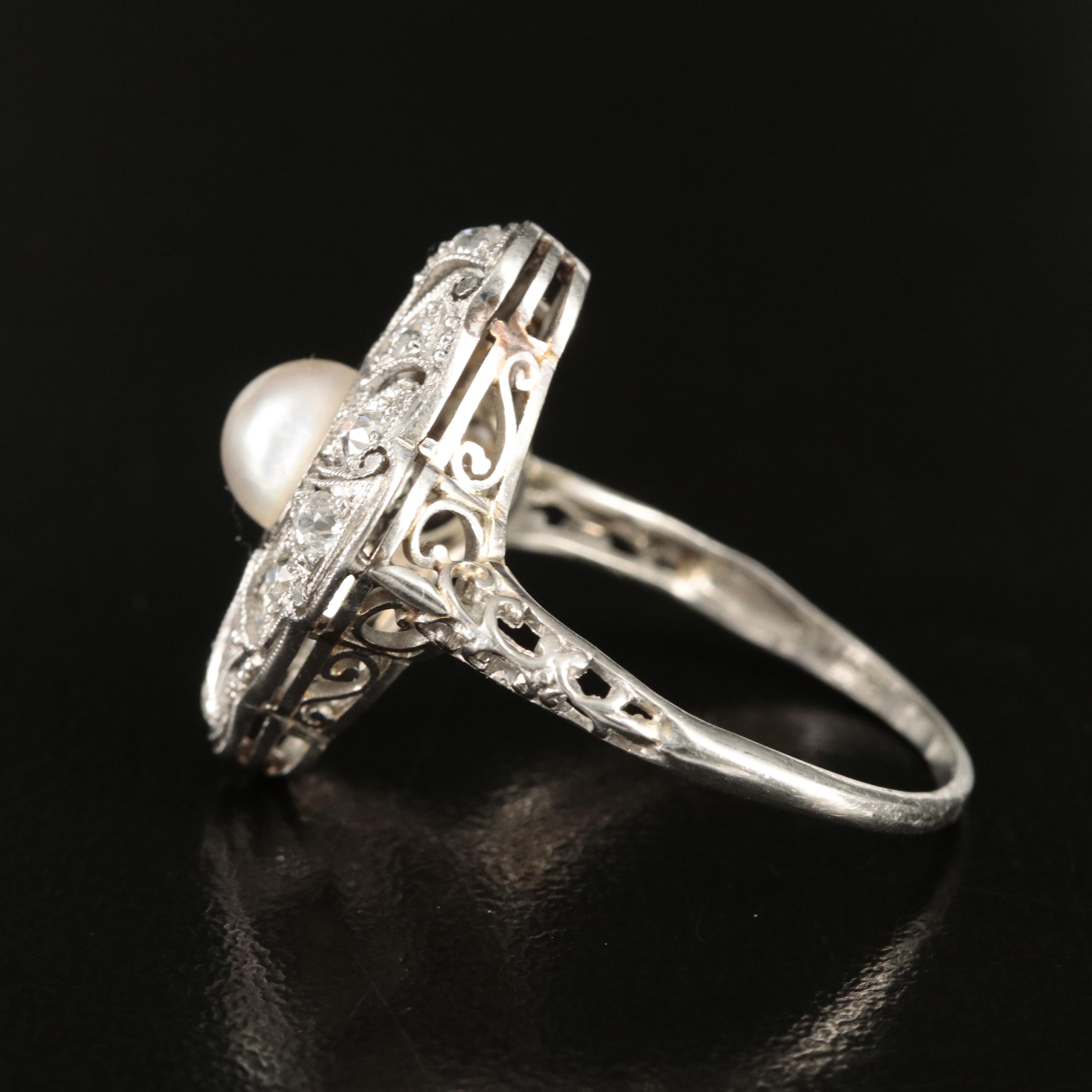 Antique Platinum Pearl and Diamond Pointer Ring | EBTH