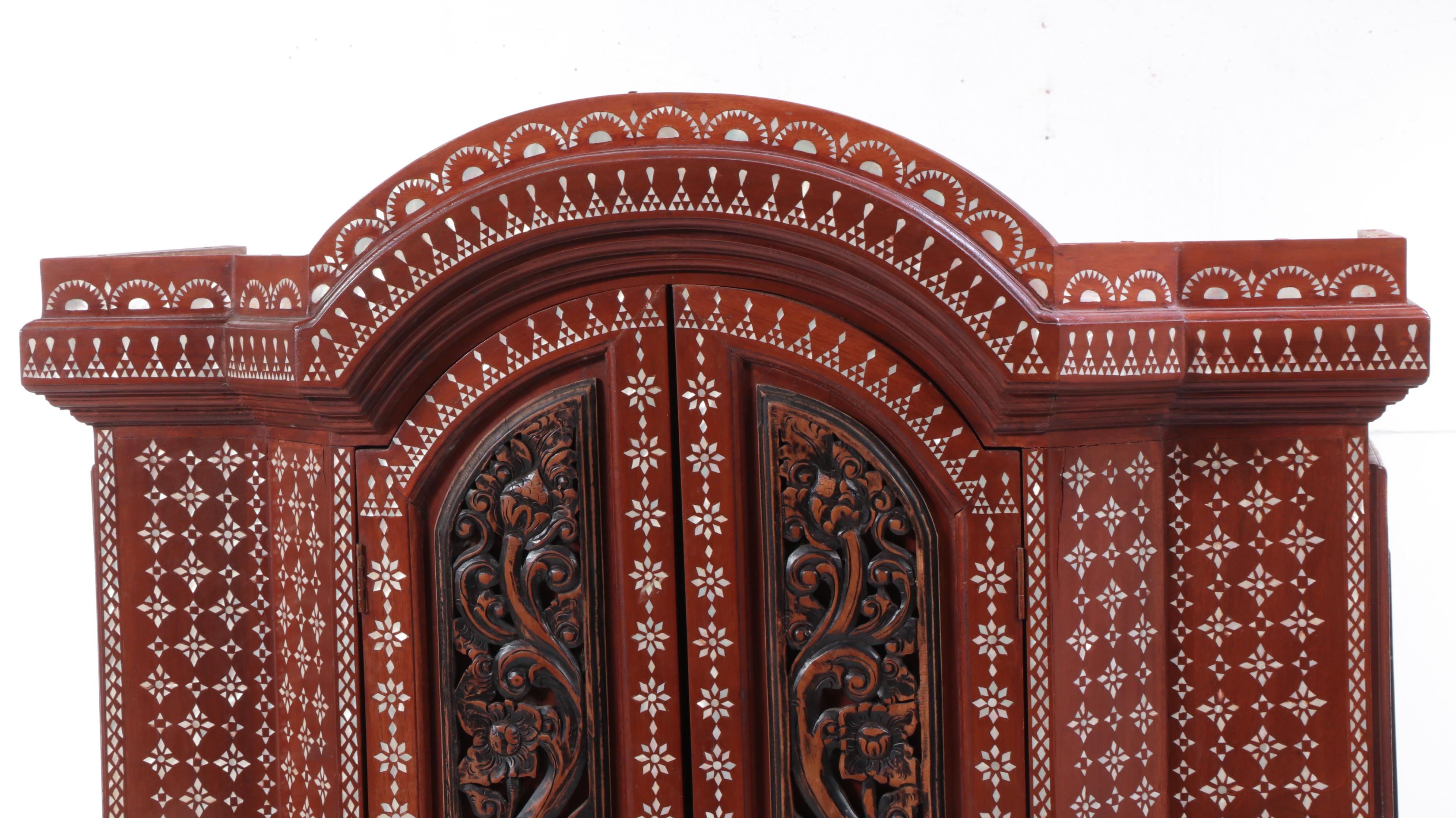 Indonesian Carved Teak and Bone-Inlaid Cabinet | EBTH