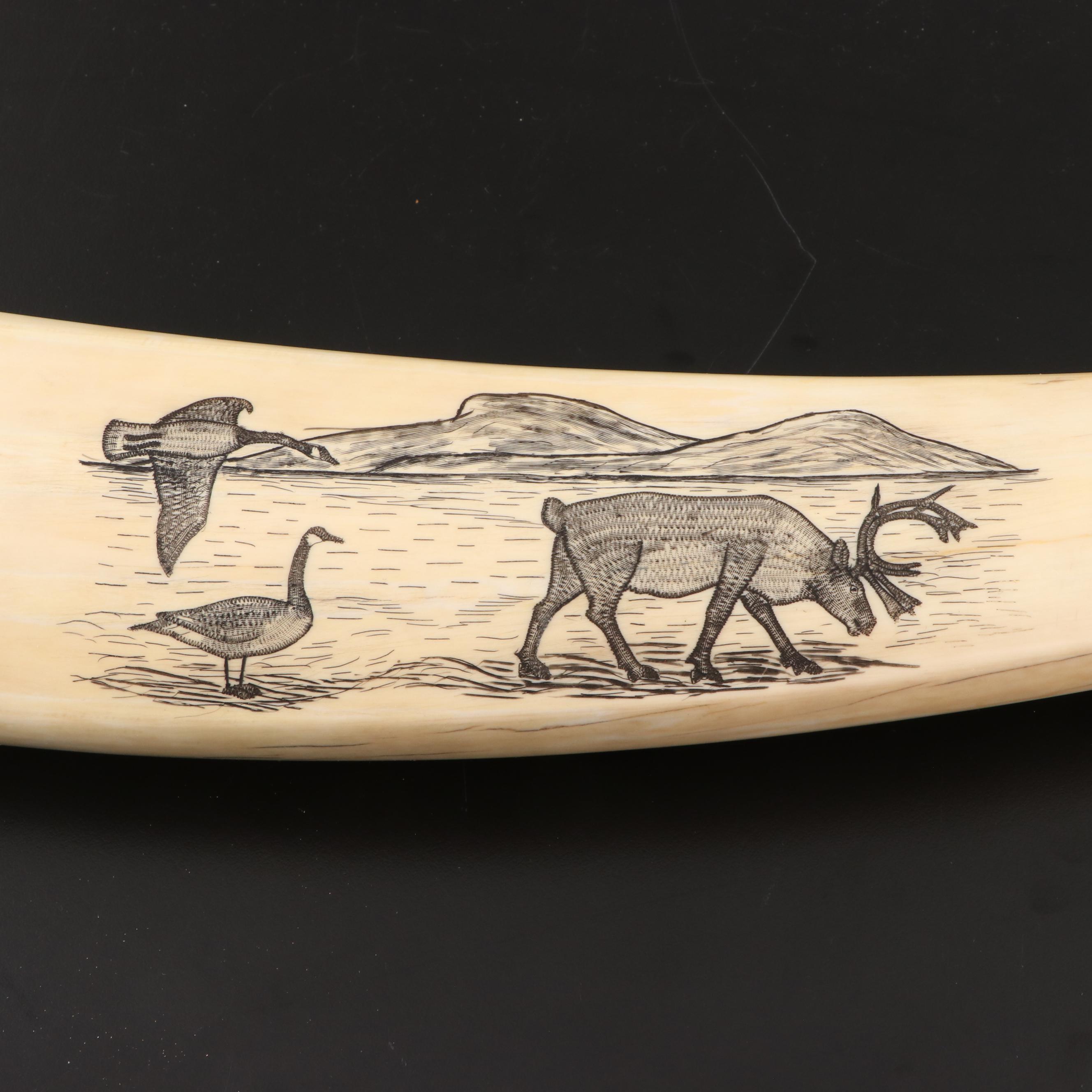 Peter Mayac Alaskan Inuit Scrimshaw Carved Walrus Tusk, 20th Century | EBTH