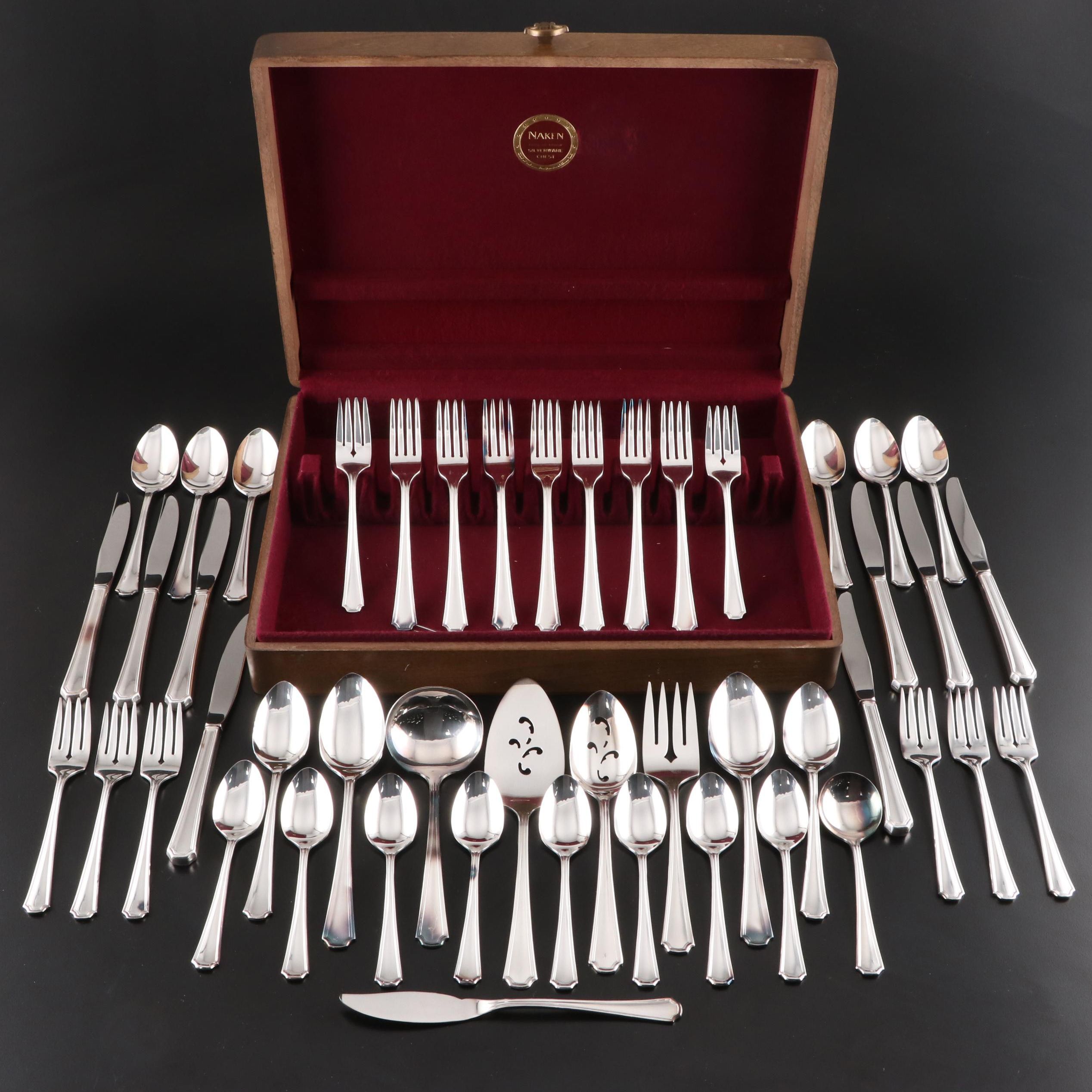 Oneida "Seneca" Silver Plate Flatware with Naken Wood Silverware Chest ...