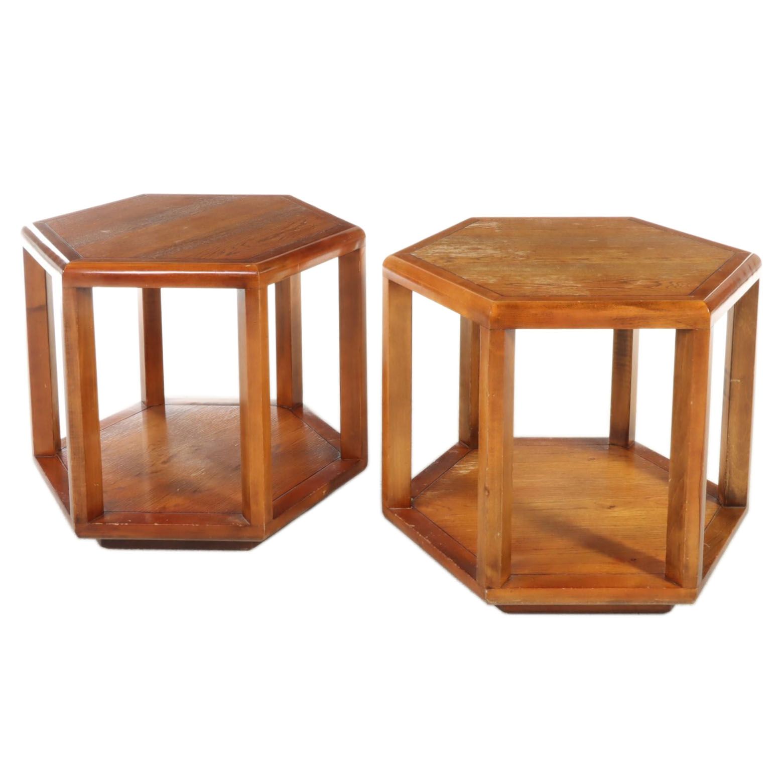 Pair of Bernhardt "Flair Division" Oak and Maple Hexagonal Two-Tier Side Tables | EBTH