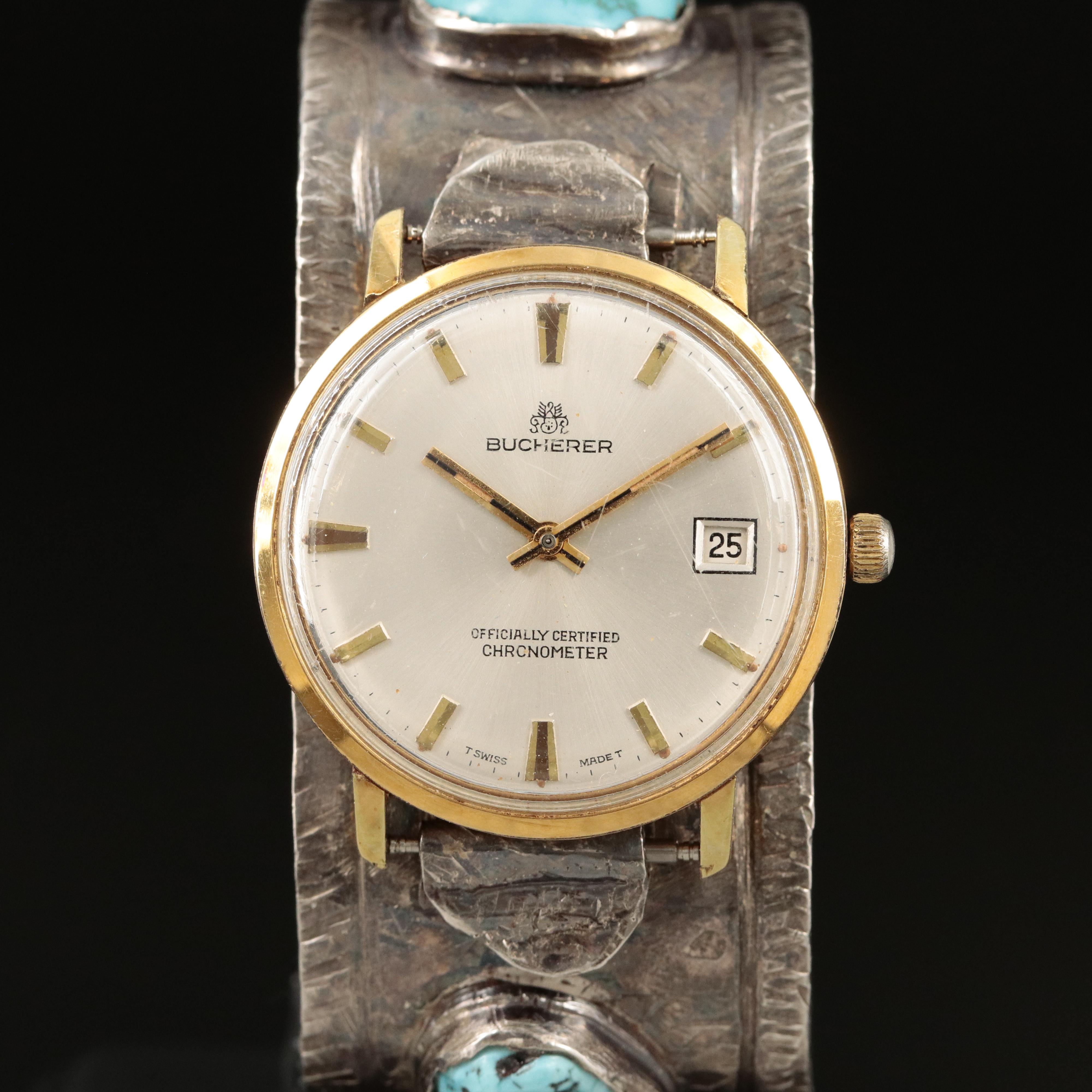 Bucherer Chronometer Wristwatch on Sterling and Turquoise Cuff | EBTH