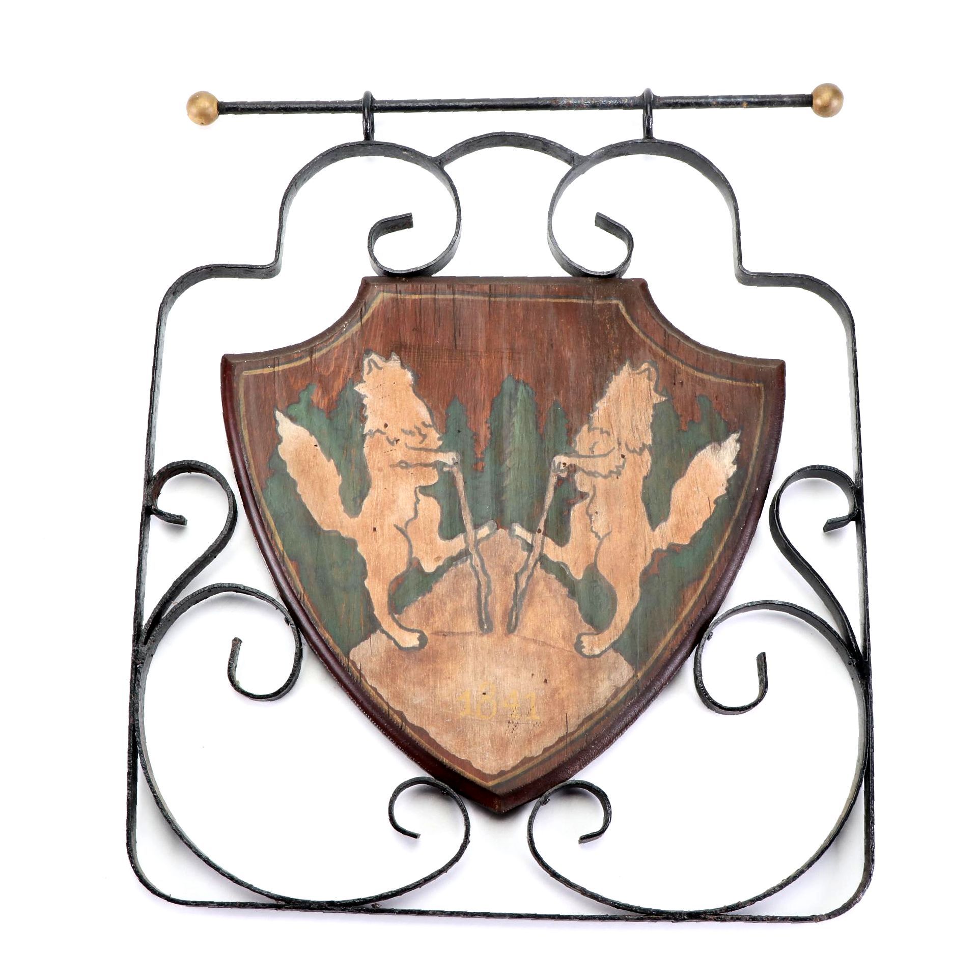 Wrought Iron and Painted Armorial Shield Stylized Foxes Wall Hanging | EBTH