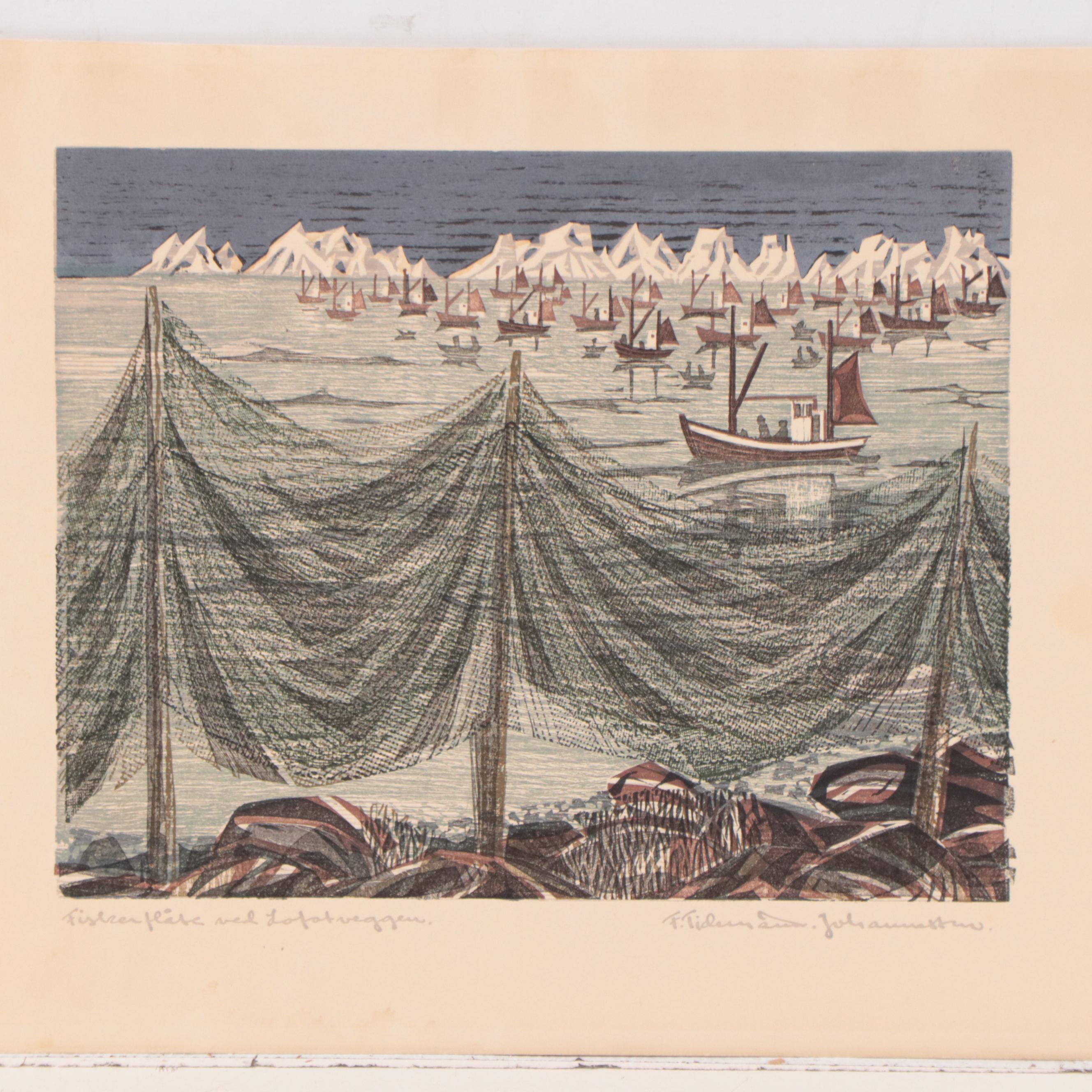 Frithjof Tidemand-Johannessen Restrike Woodcut of Norwegian Harbor ...