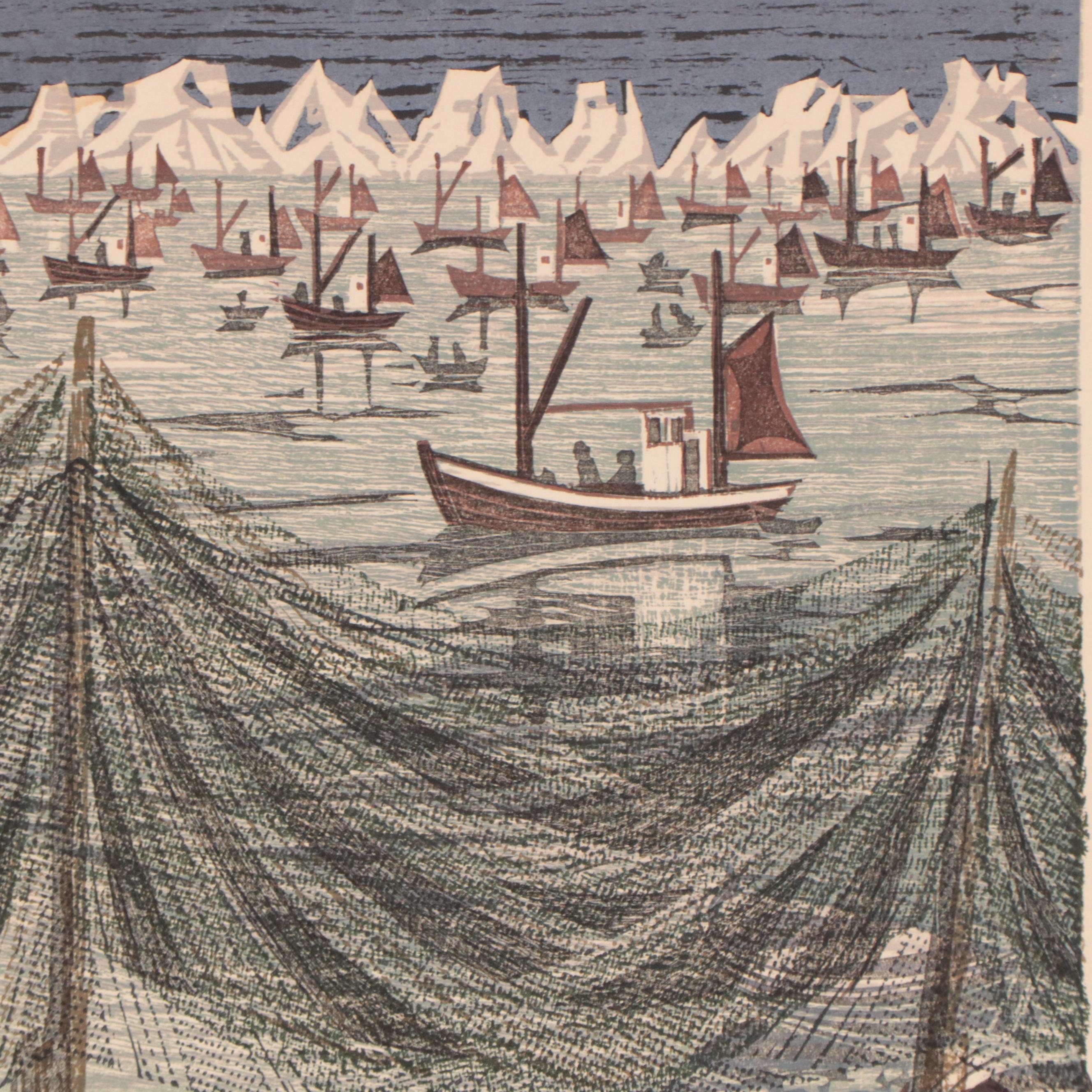 Frithjof Tidemand-Johannessen Restrike Woodcut of Norwegian Harbor ...