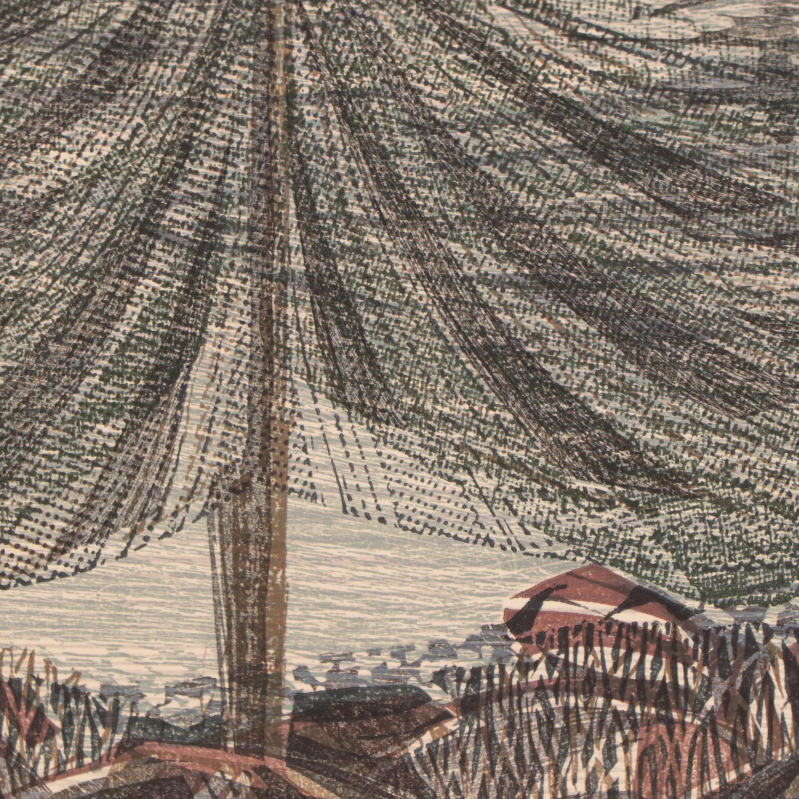 Frithjof Tidemand-Johannessen Restrike Woodcut of Norwegian Harbor ...