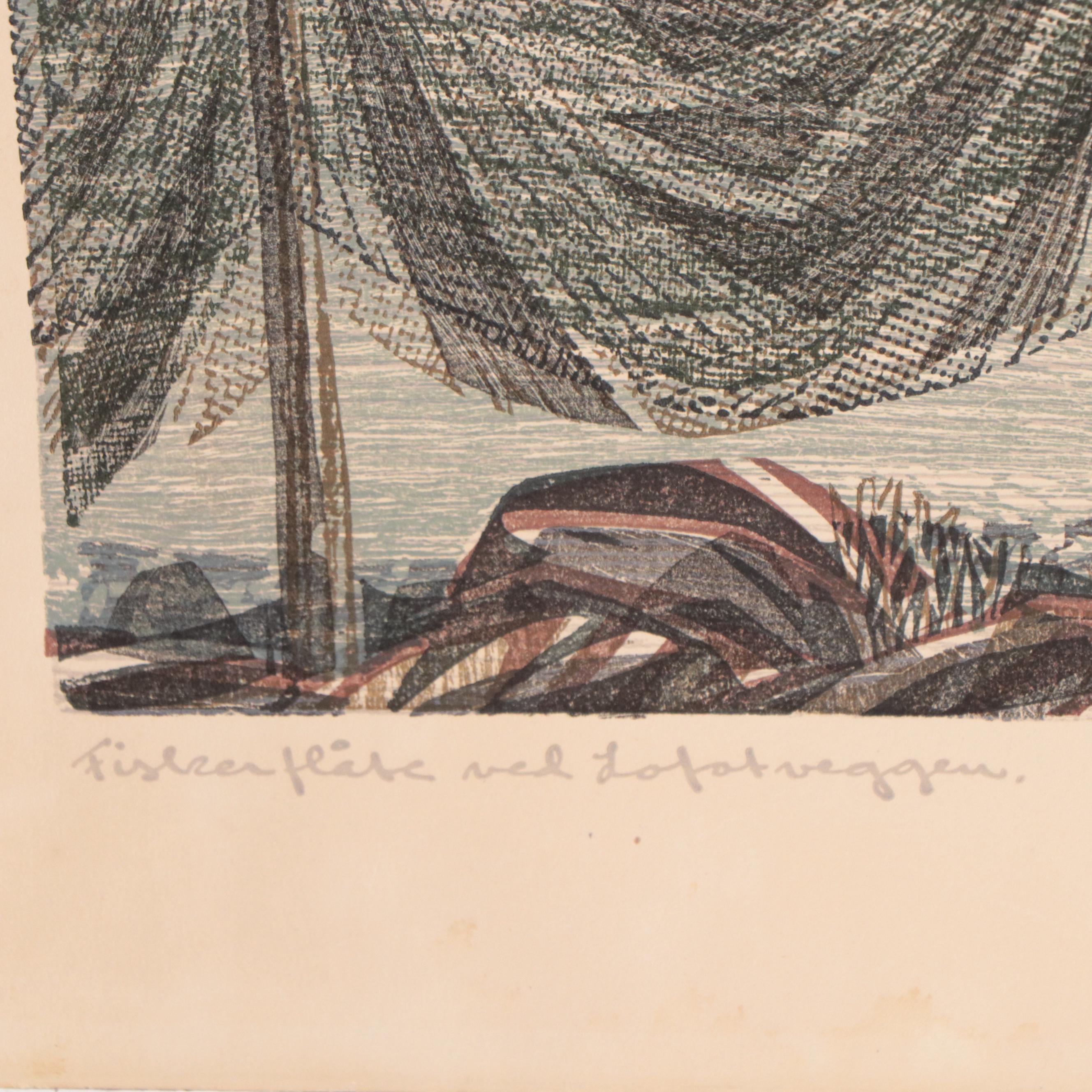 Frithjof Tidemand-Johannessen Restrike Woodcut of Norwegian Harbor ...