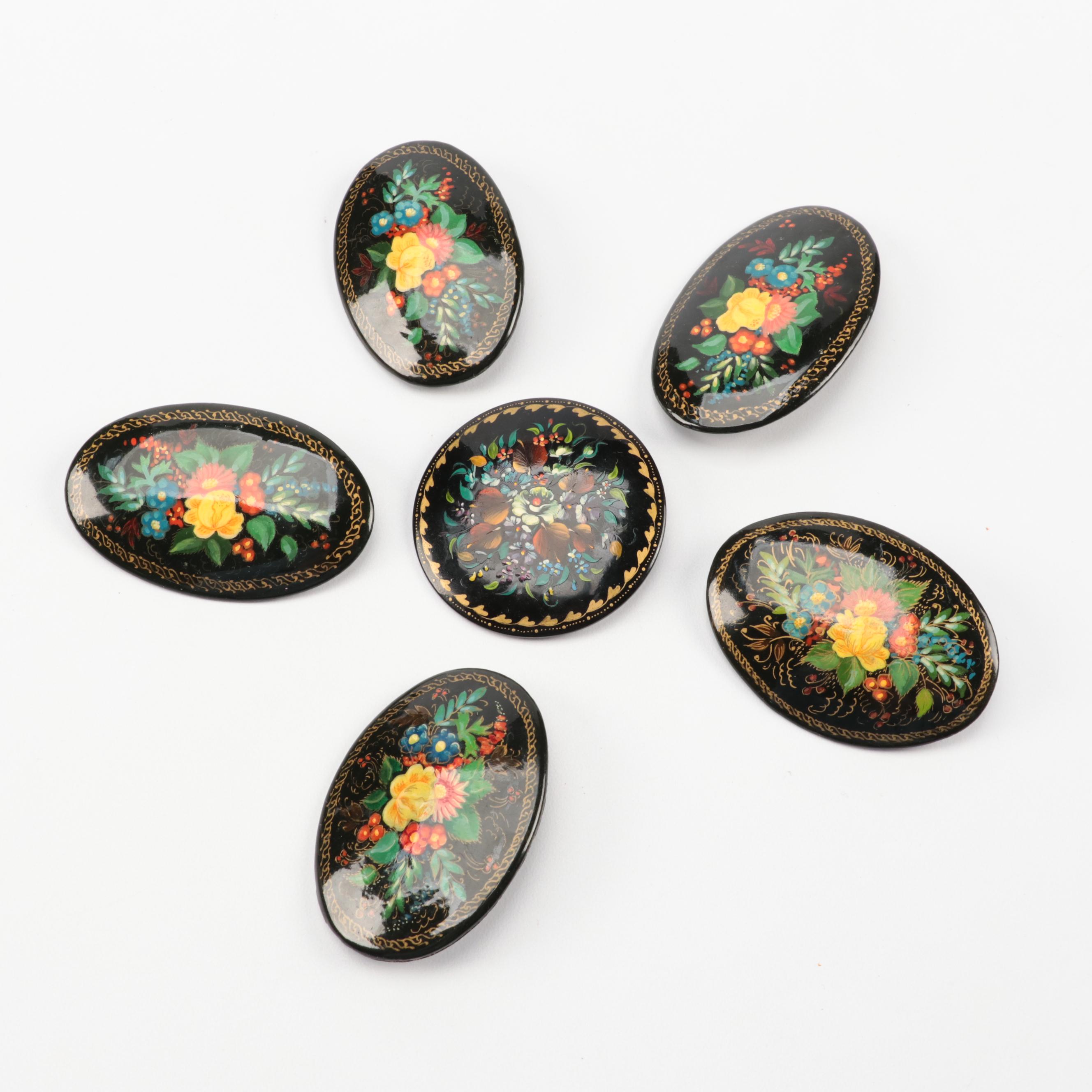 Russian Bouquet Hand-Painted Lacquerware Brooches and Fairy Tale Box | EBTH