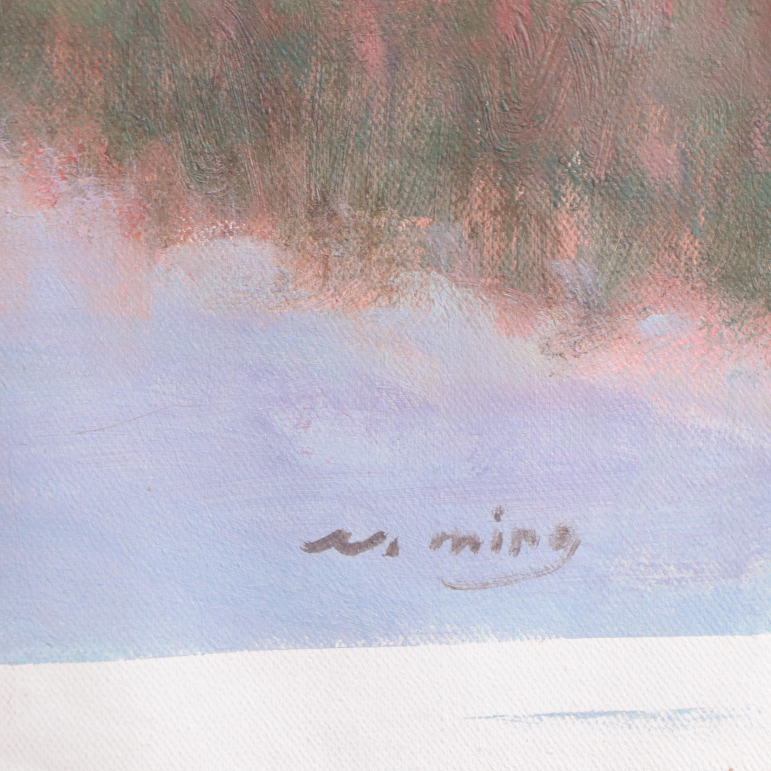 N. Ming Impressionist Style Oil Painting of Marsh Landscape at Sunset ...