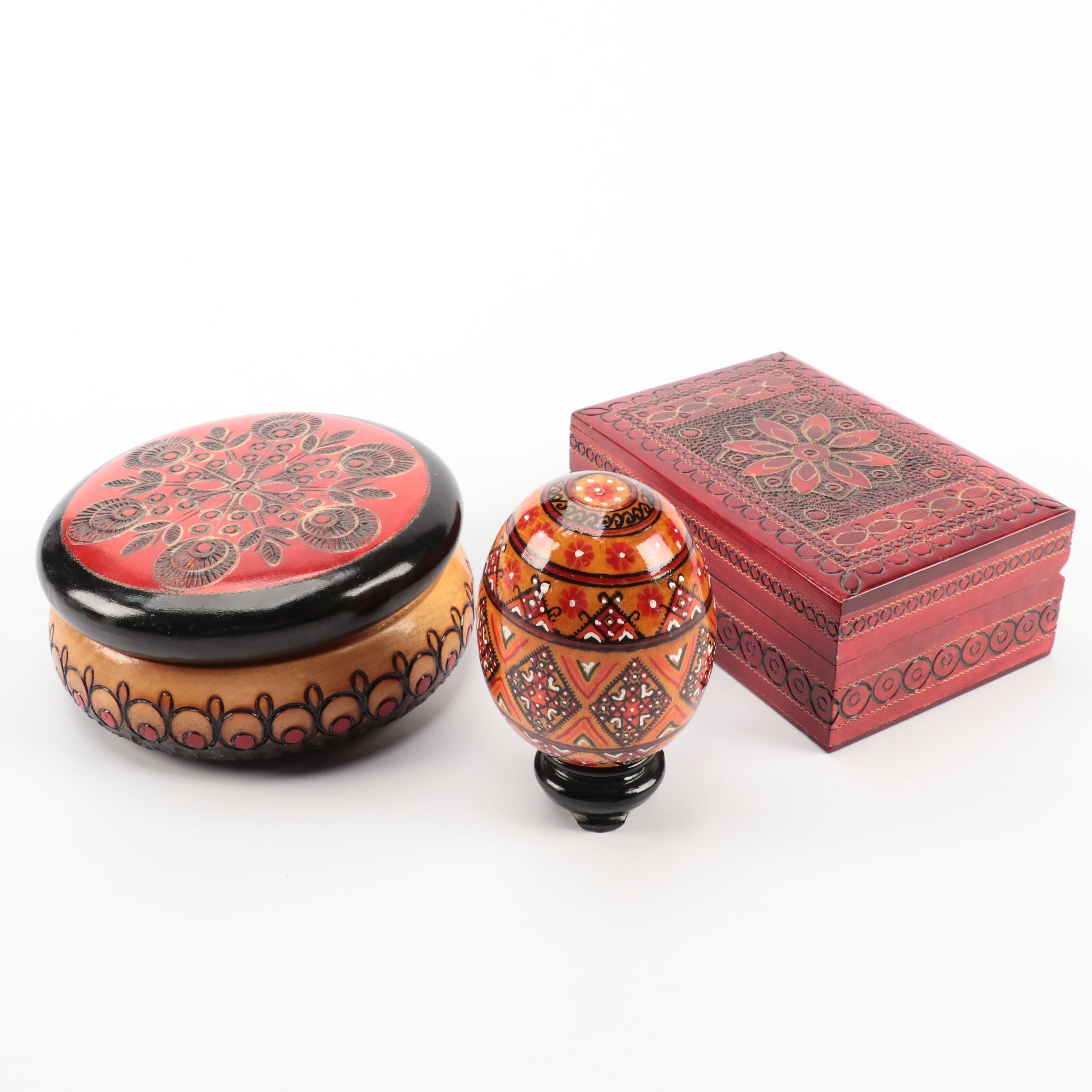 Polish Style Carved, Pyrography and Painted Trinket Boxes and Egg, Mid ...