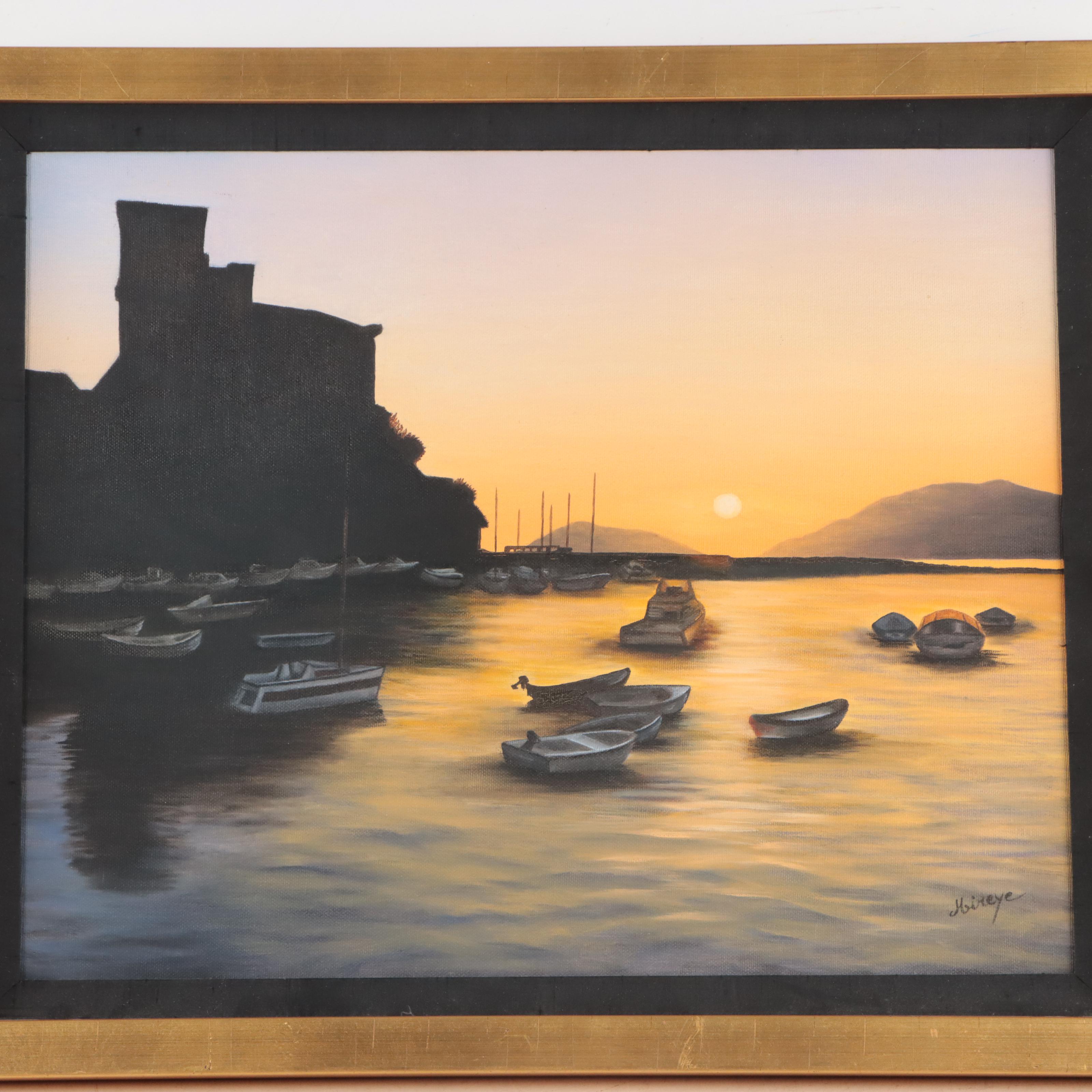 Acrylic Painting of Harbor Scene at Sunset | EBTH
