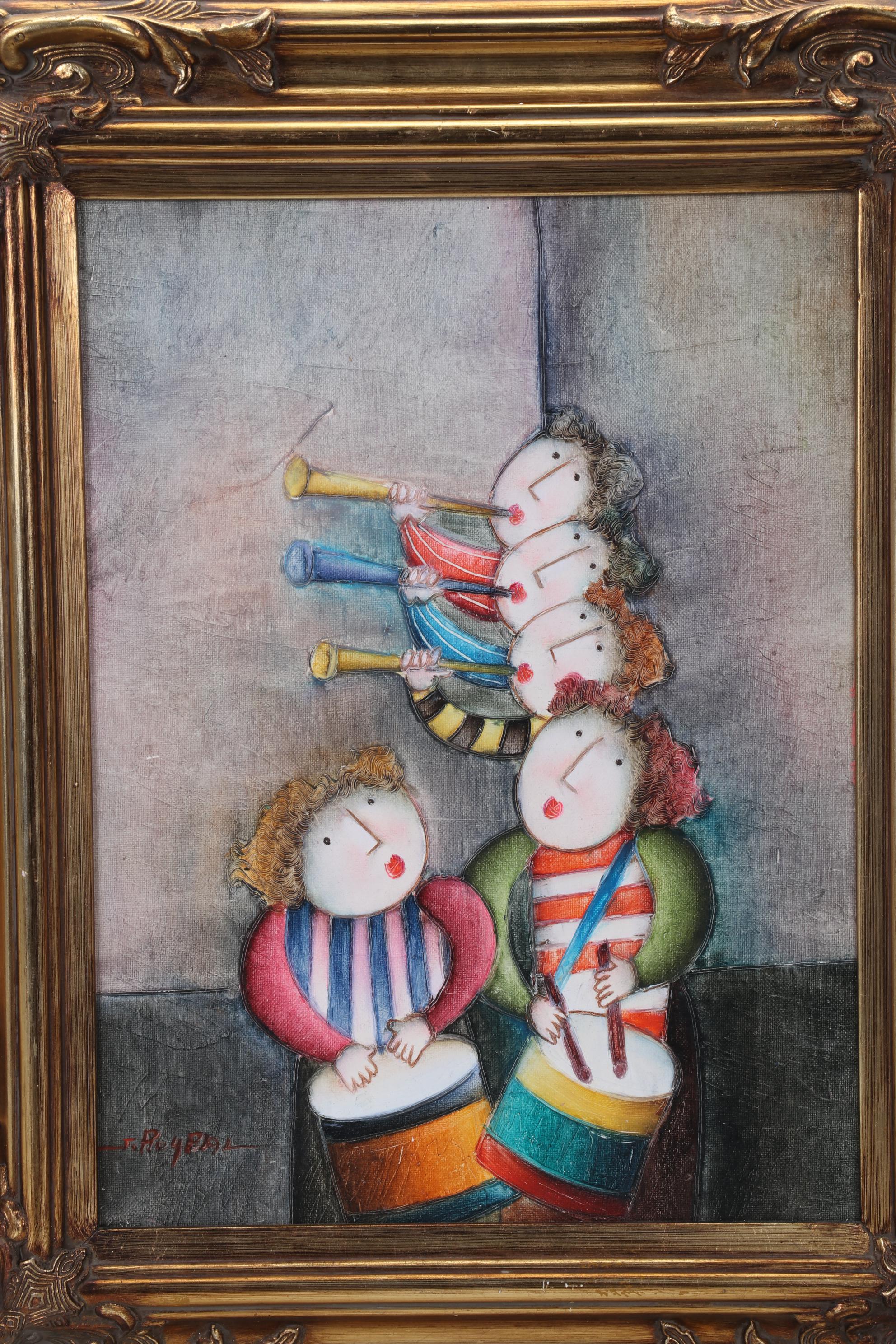 J. Roybal Oil Painting of Children Playing Drums and Horns, 21st ...