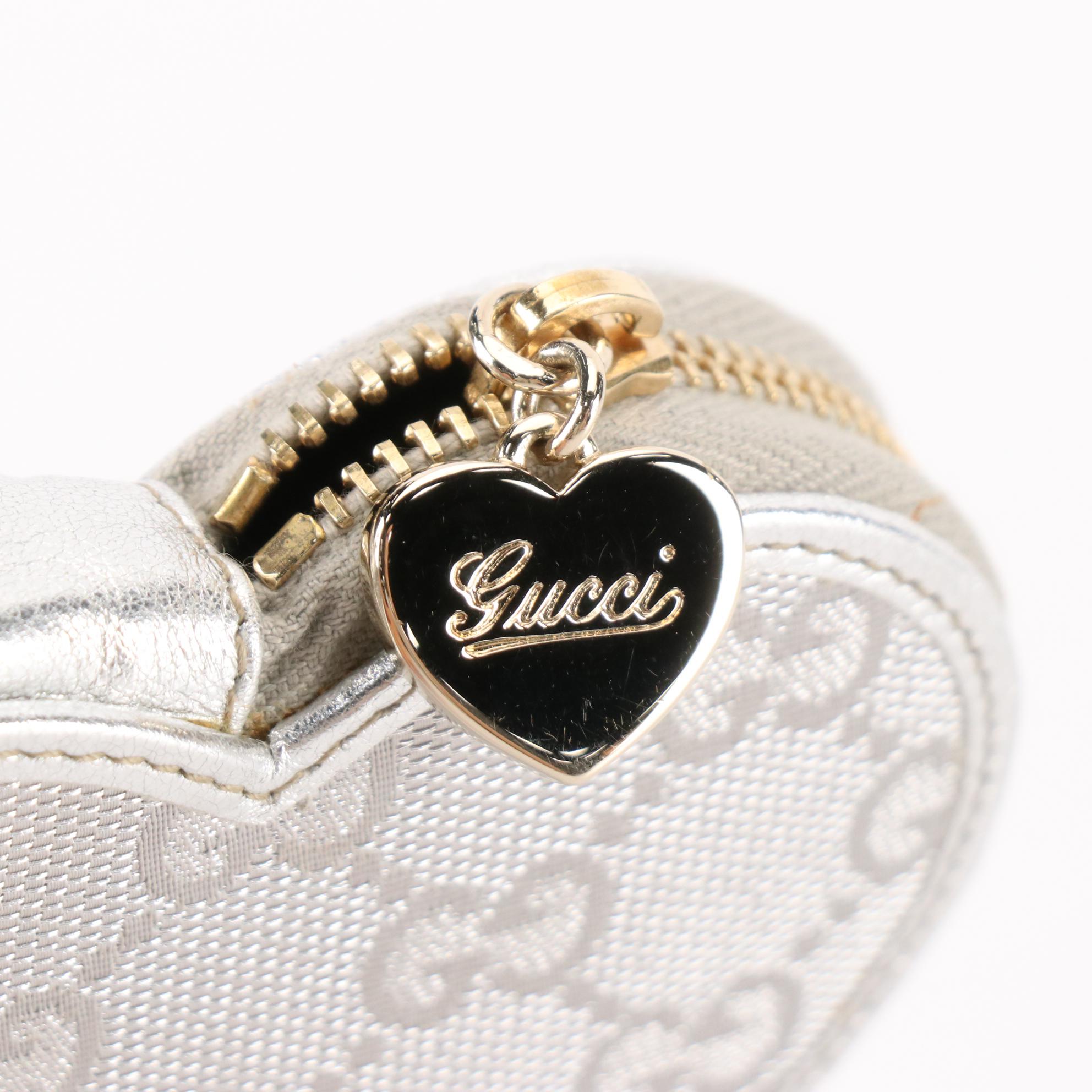 Gucci GG Metallic Canvas and Leather Heart Shaped Coin Purse with Box ...