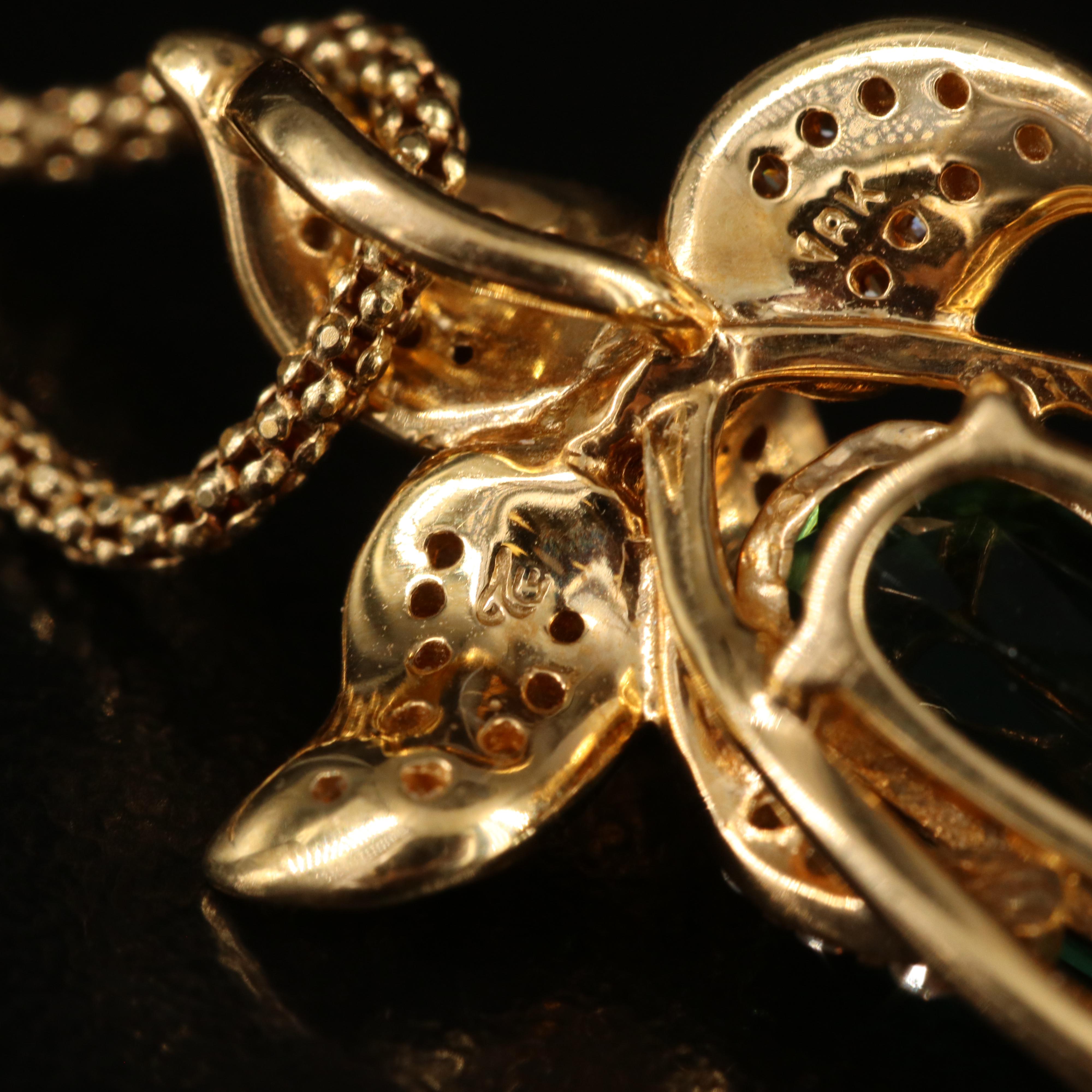18K 3.25 Ct Tourmaline and Diamond Floral Pendant on 14K Popcorn Chain ...
