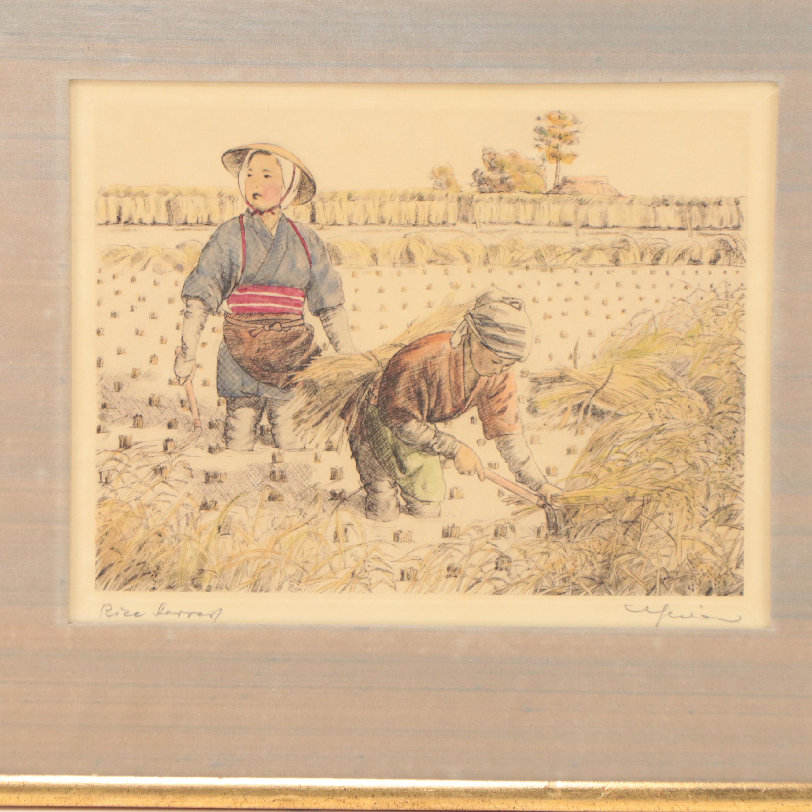 Willy Seiler Hand-Colored Etching "Rice Harvest," Mid to Late 20th ...