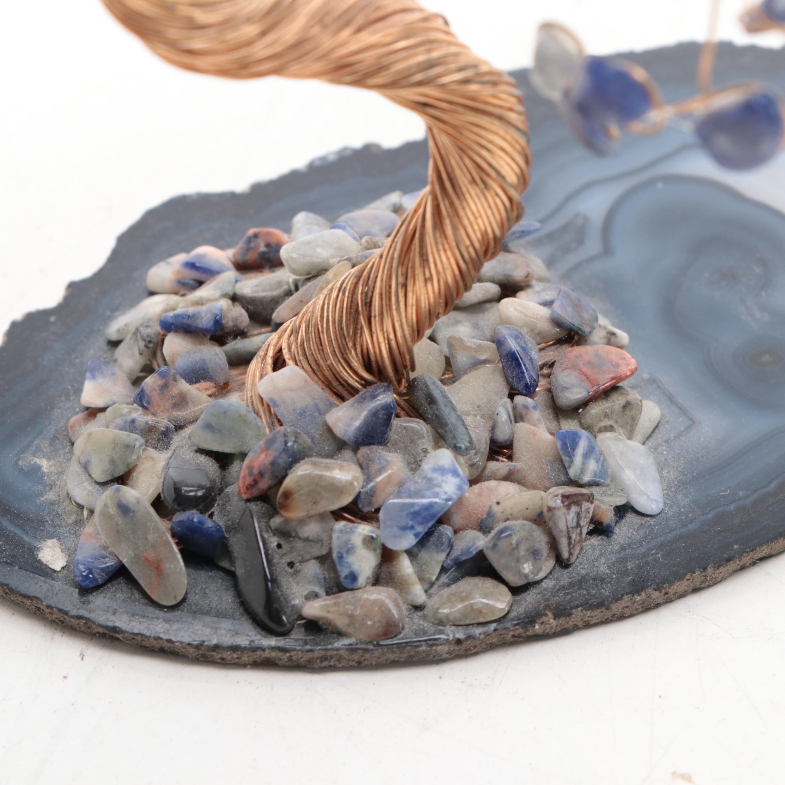 Stone and Metalwork Miniature Trees with Blue Agate and Abalone | EBTH