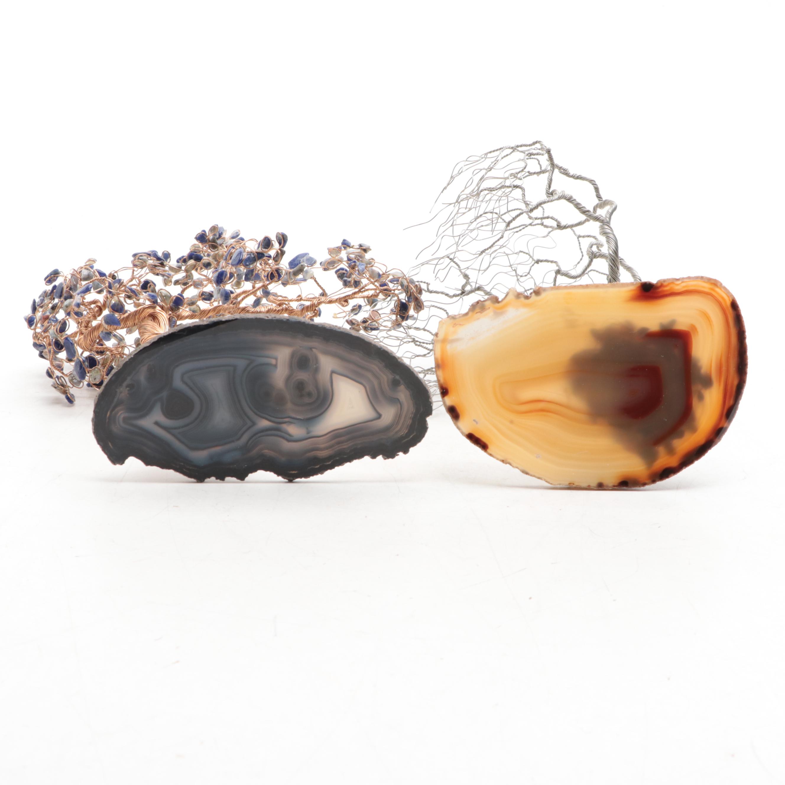 Stone and Metalwork Miniature Trees with Blue Agate and Abalone | EBTH