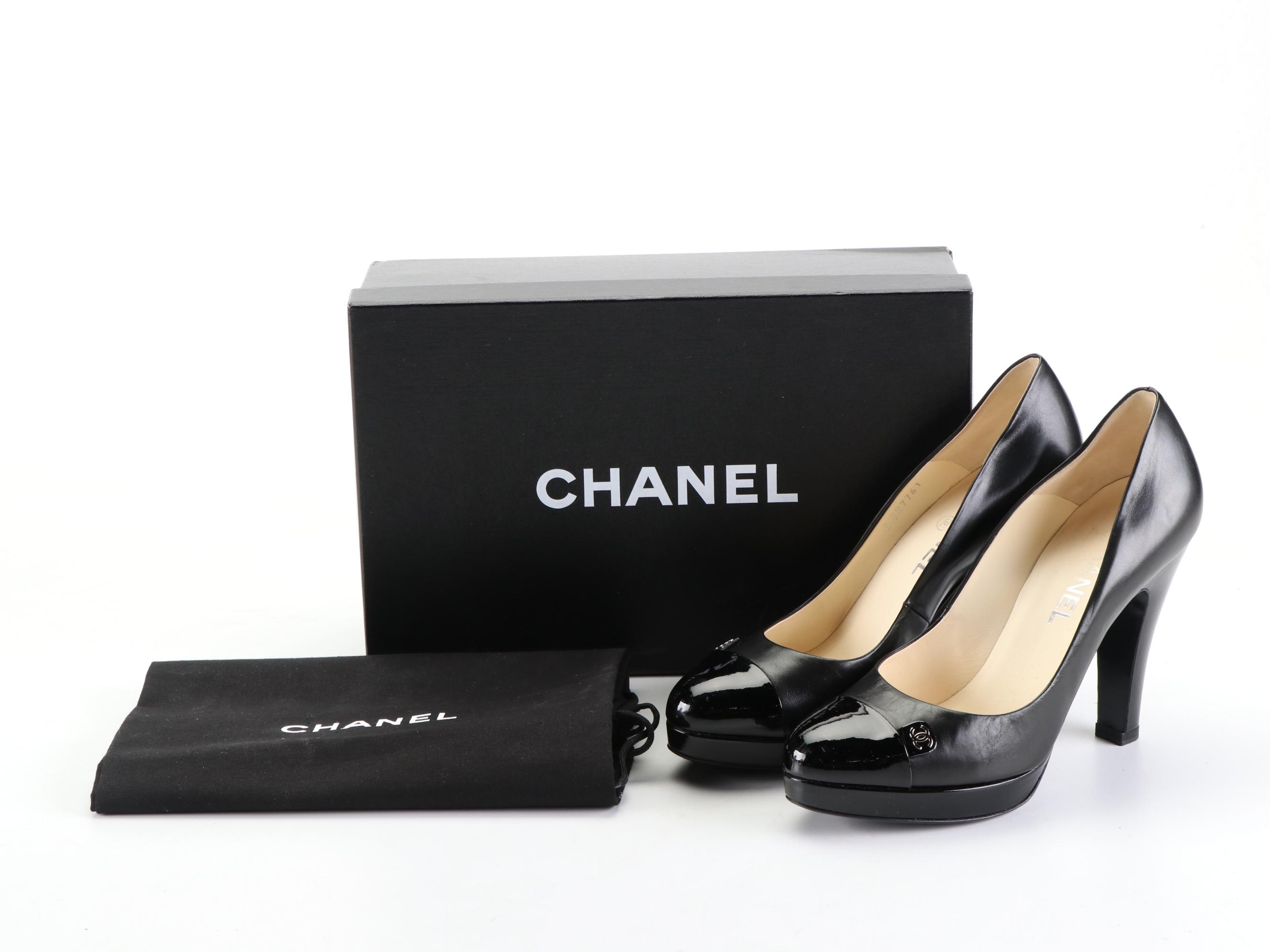 Chanel CC Platform Cap-Toe Pumps in Leather and Patent Leather with Box ...