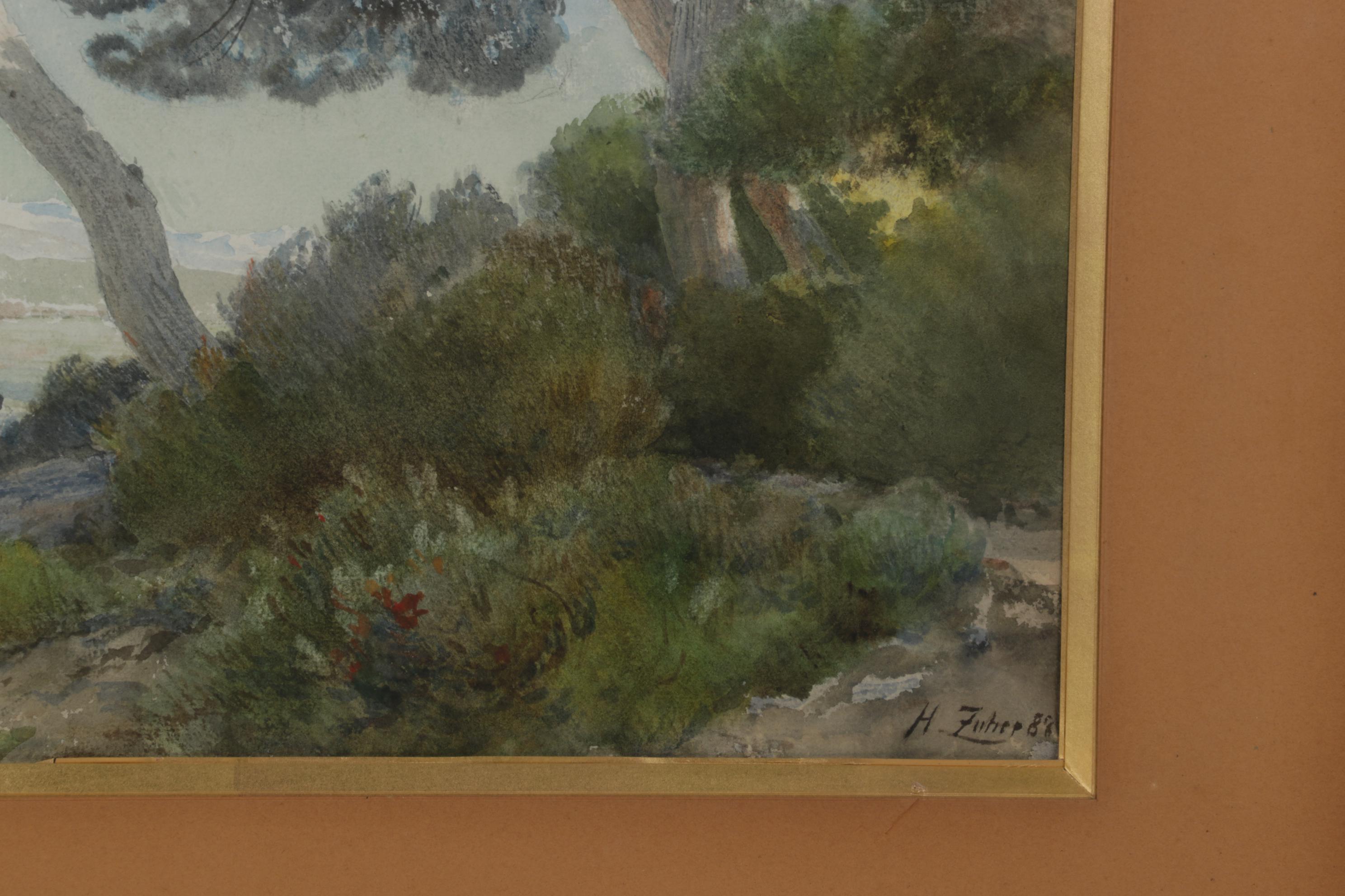 Henri Zuber Watercolor Painting of Figures Overlooking Marshy Plain ...