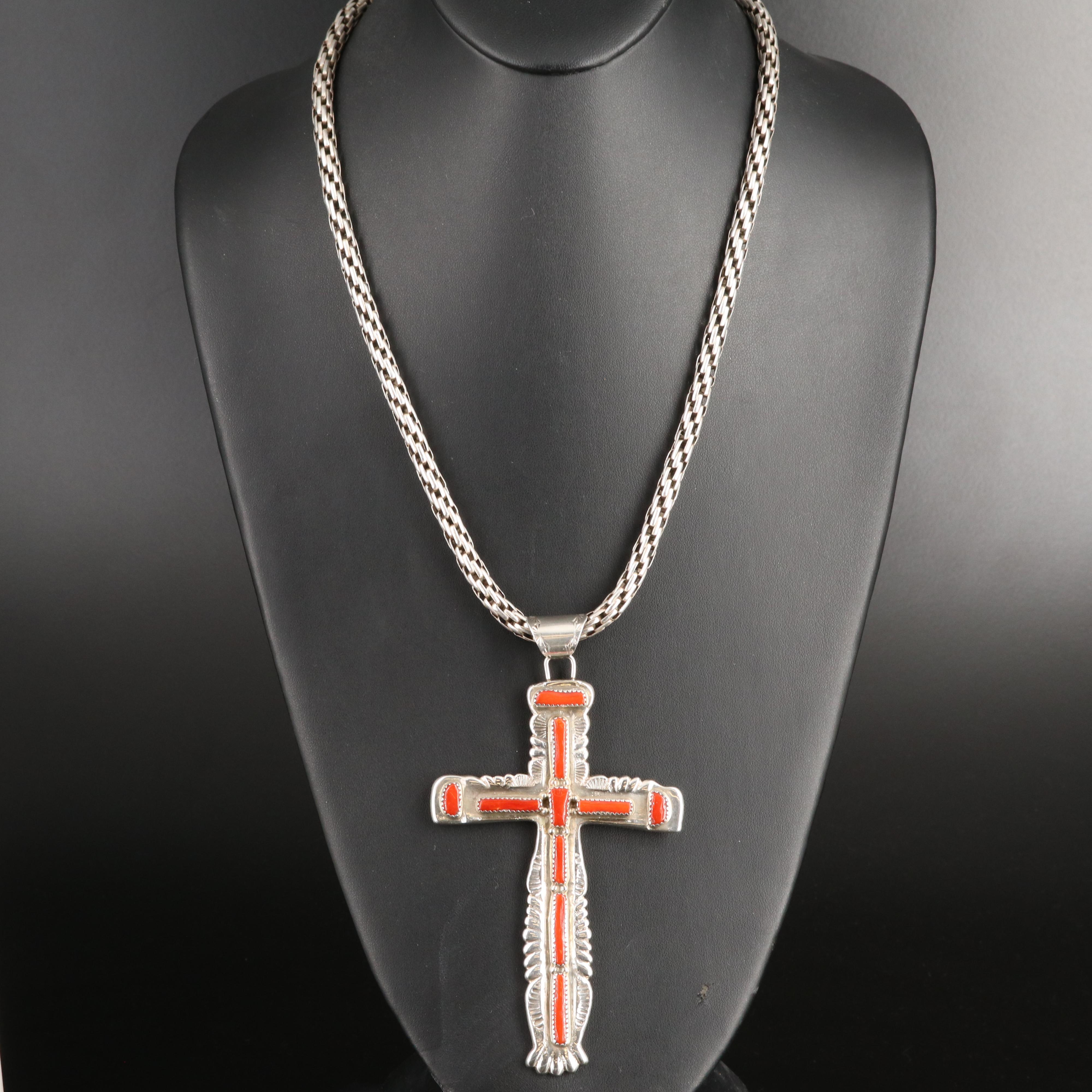 Cecilia Iule Zuni Sterling Coral Cross Necklace | EBTH