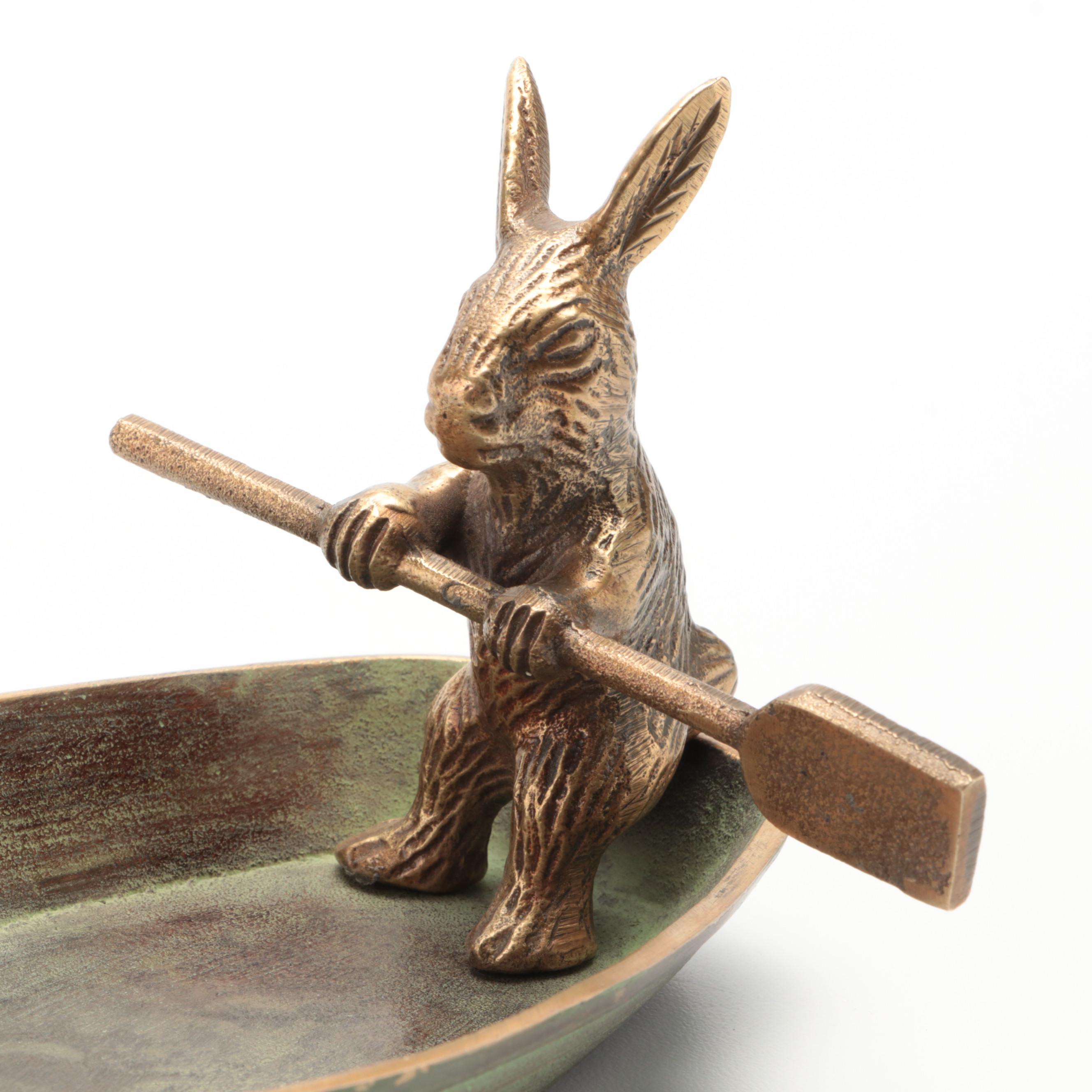 Brass and Cast Iron Rabbit In Rowboat Trinket Dish | EBTH