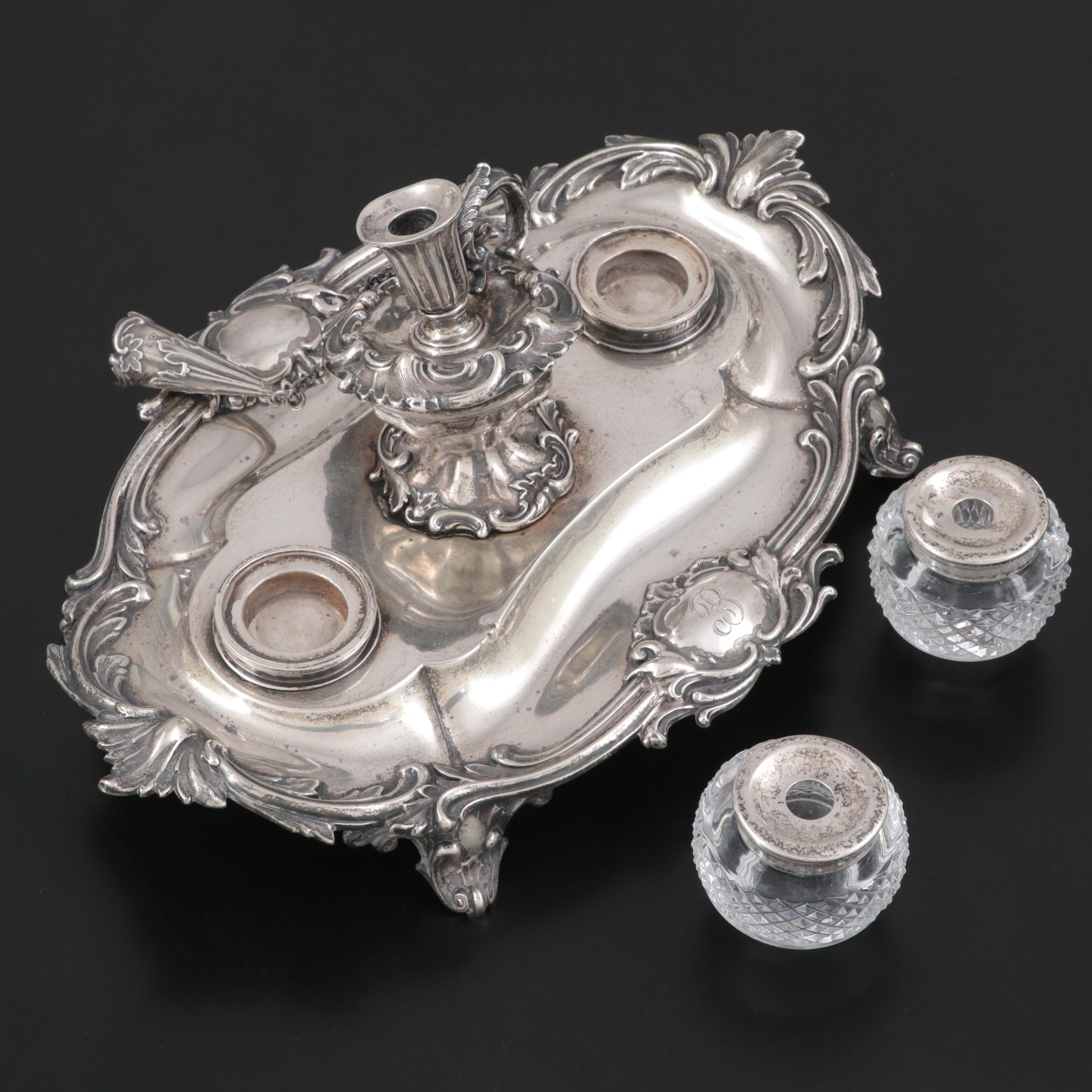 Henry Wilkinson & Co. Baroque Revival Sterling Silver Double Inkwell ...