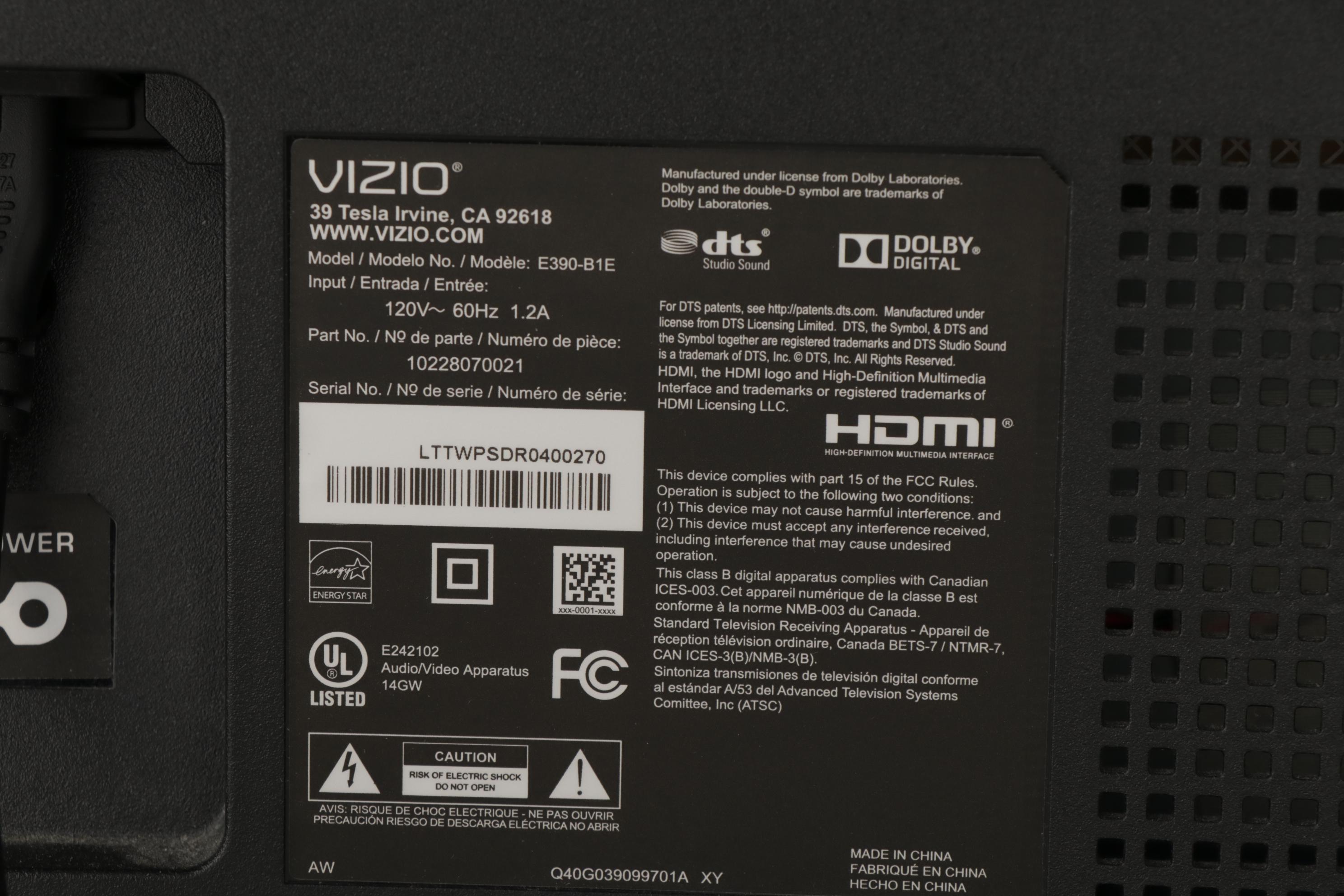 Vizio E390-B1E 39" Full-Array 1080p LED Television with Stand | EBTH