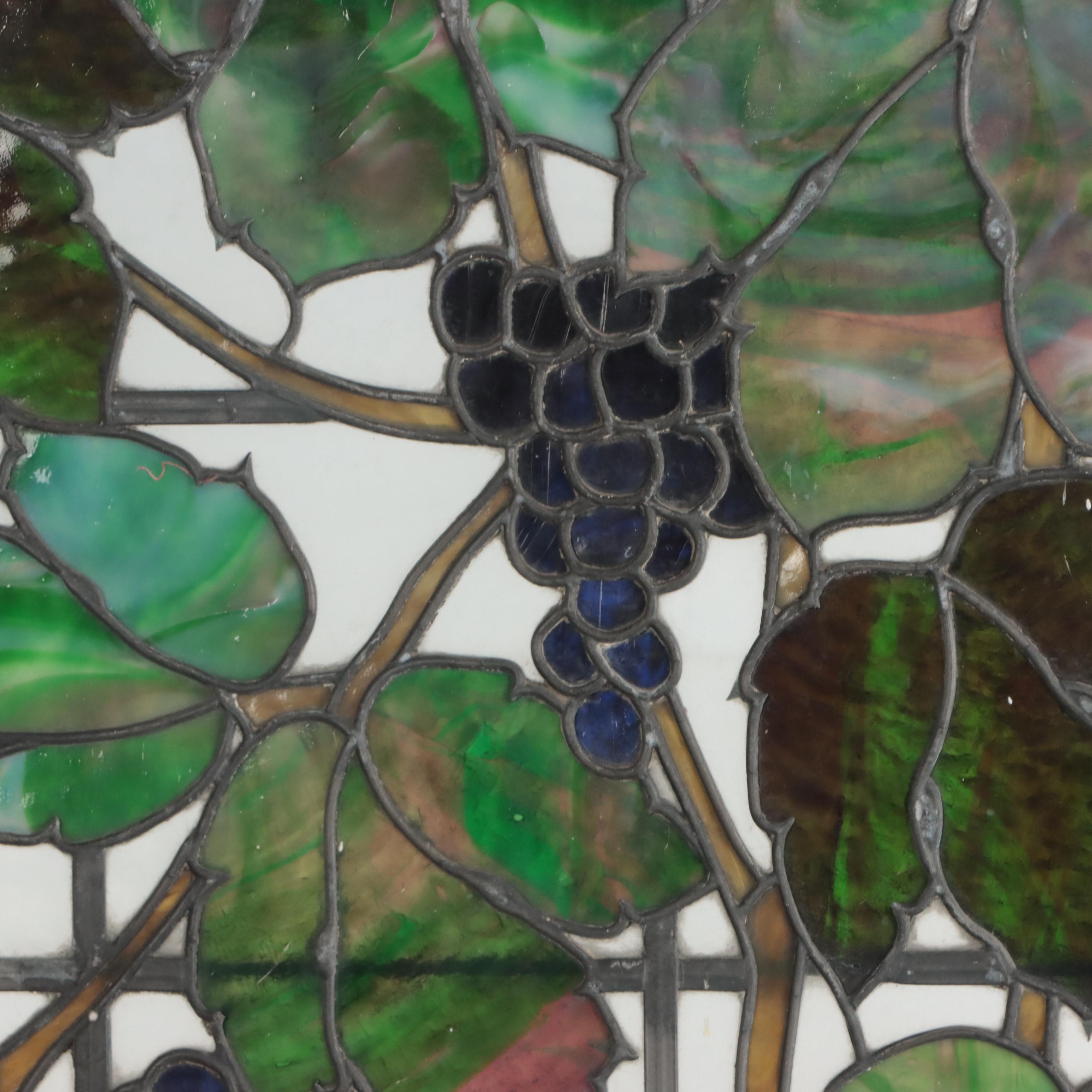 Stained and Slag Glass Window Pane With Grape Vines | EBTH