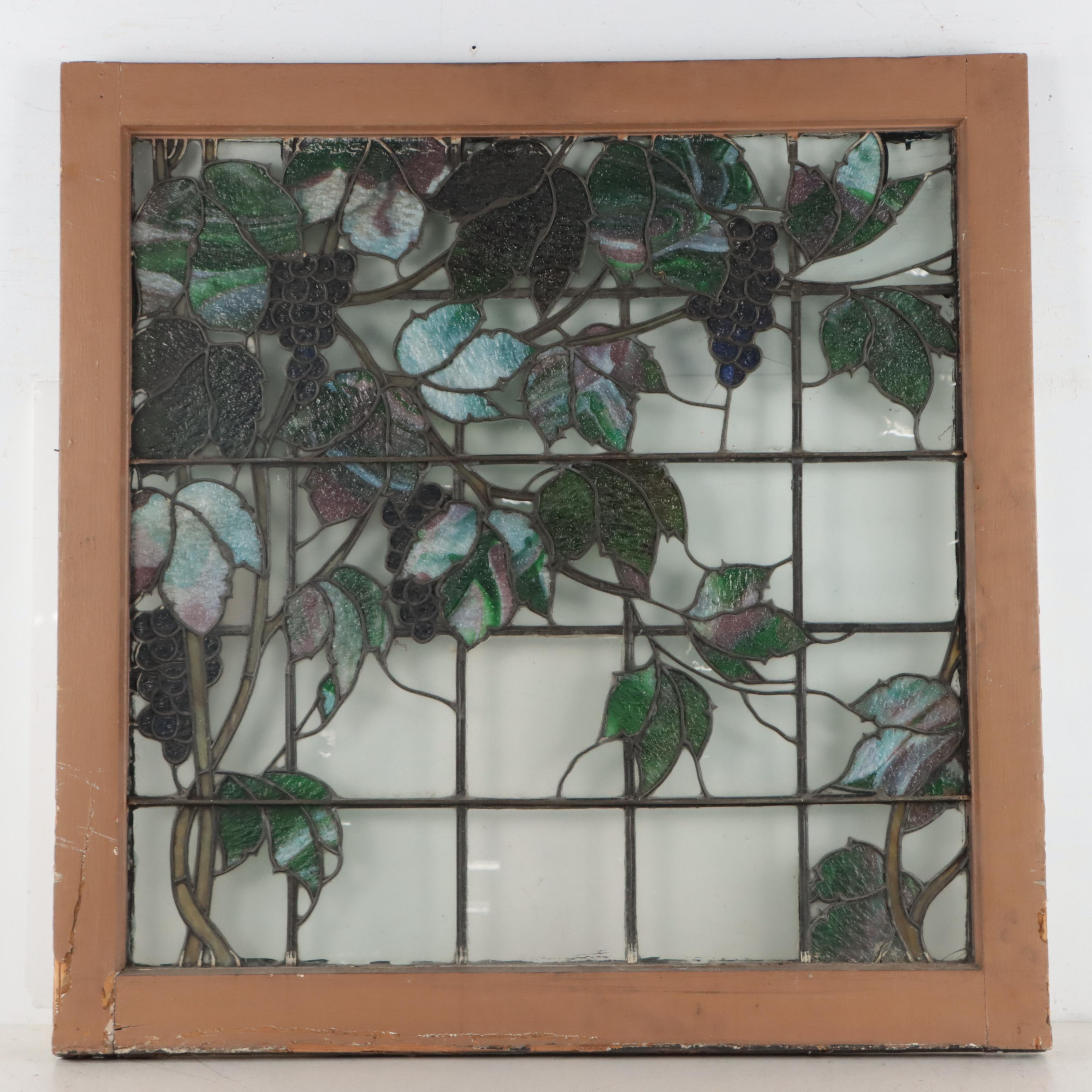 Stained and Slag Glass Window Pane With Grape Vines | EBTH