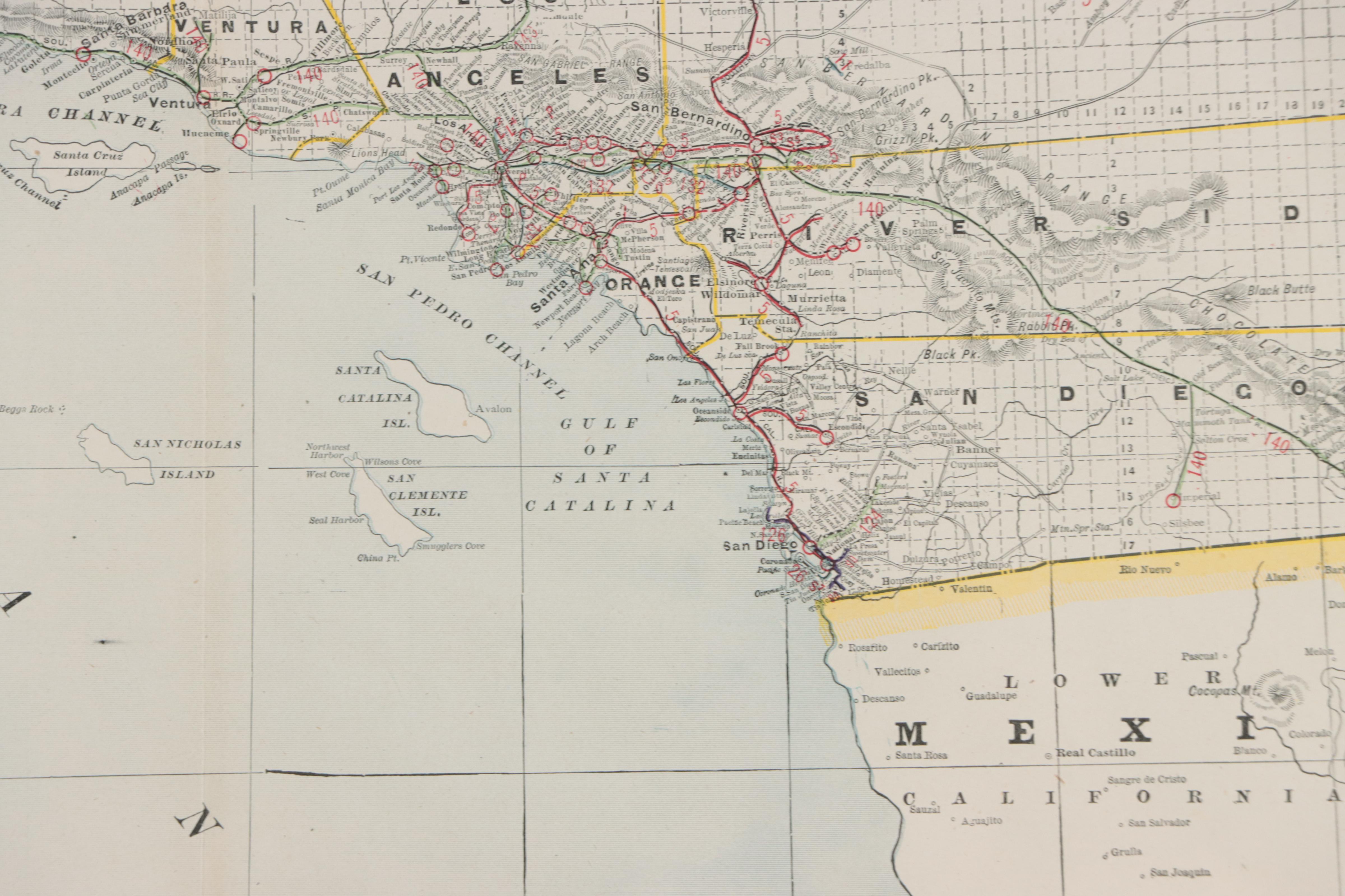 George F. Cram Wax Engraving Map "California and Nevada / Southern Half ...