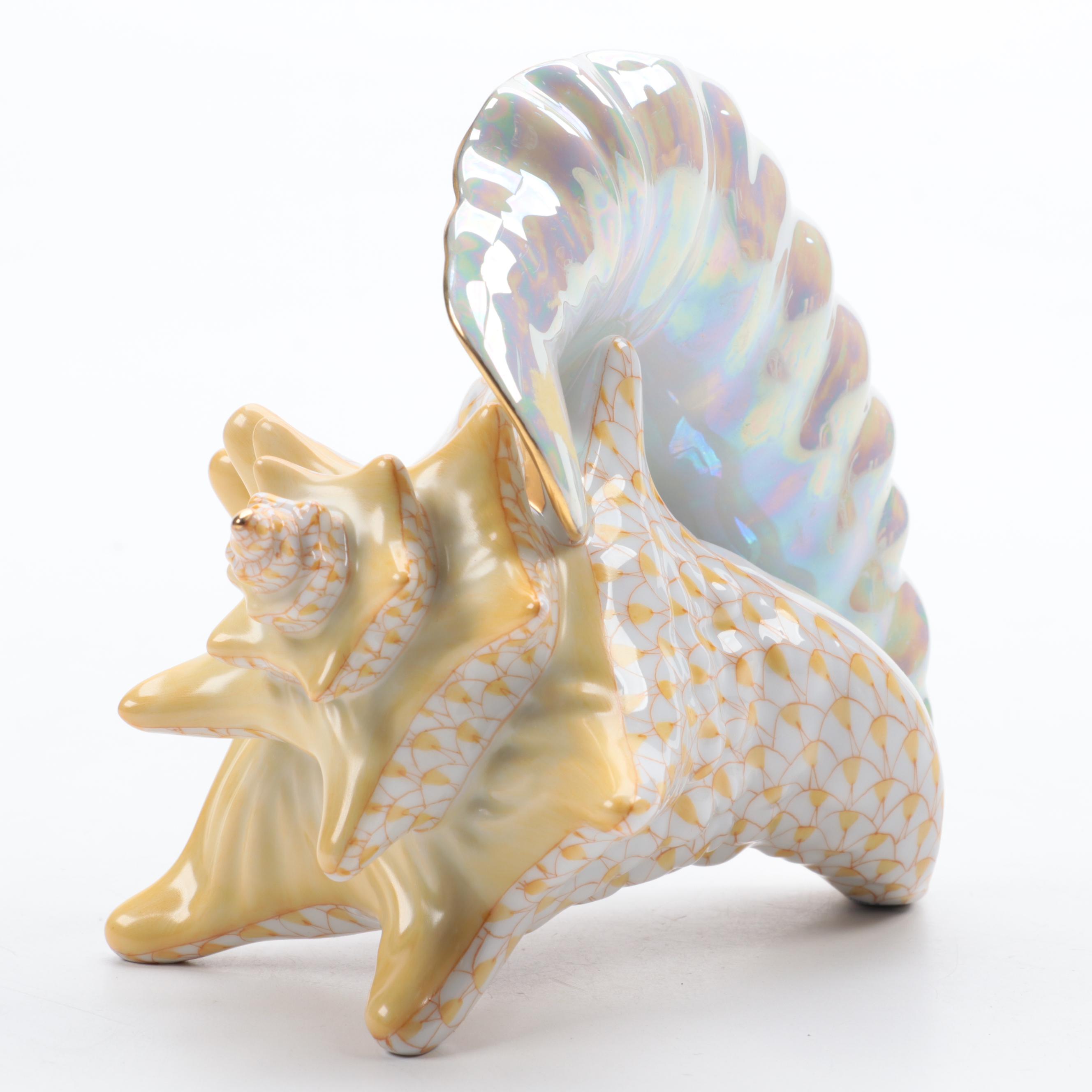 Herend Butterscotch Fishnet With Gold "Conch Shell" Porcelain Figurine ...