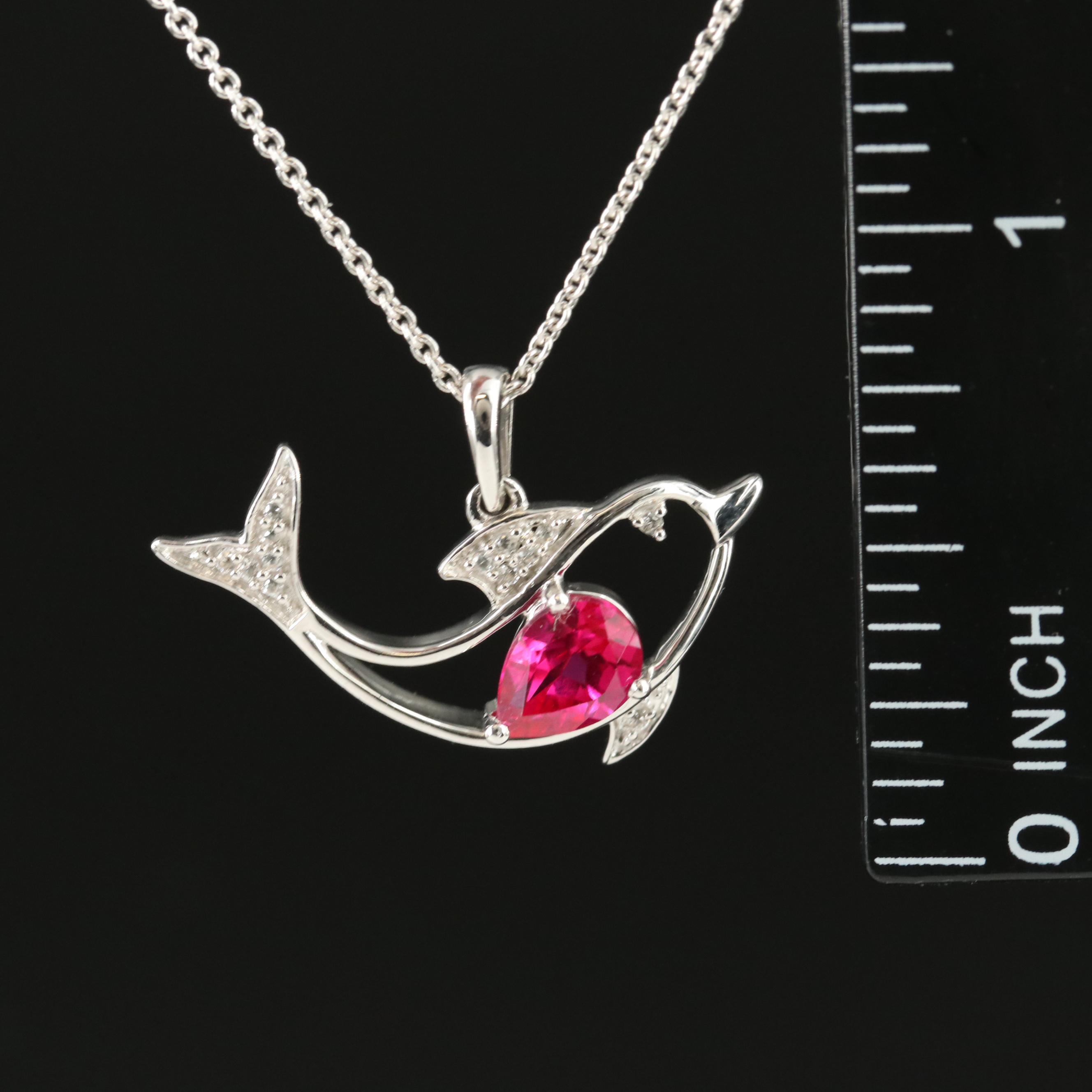 Sterling Ruby and White Sapphire Dolphin Pendant Necklace | EBTH