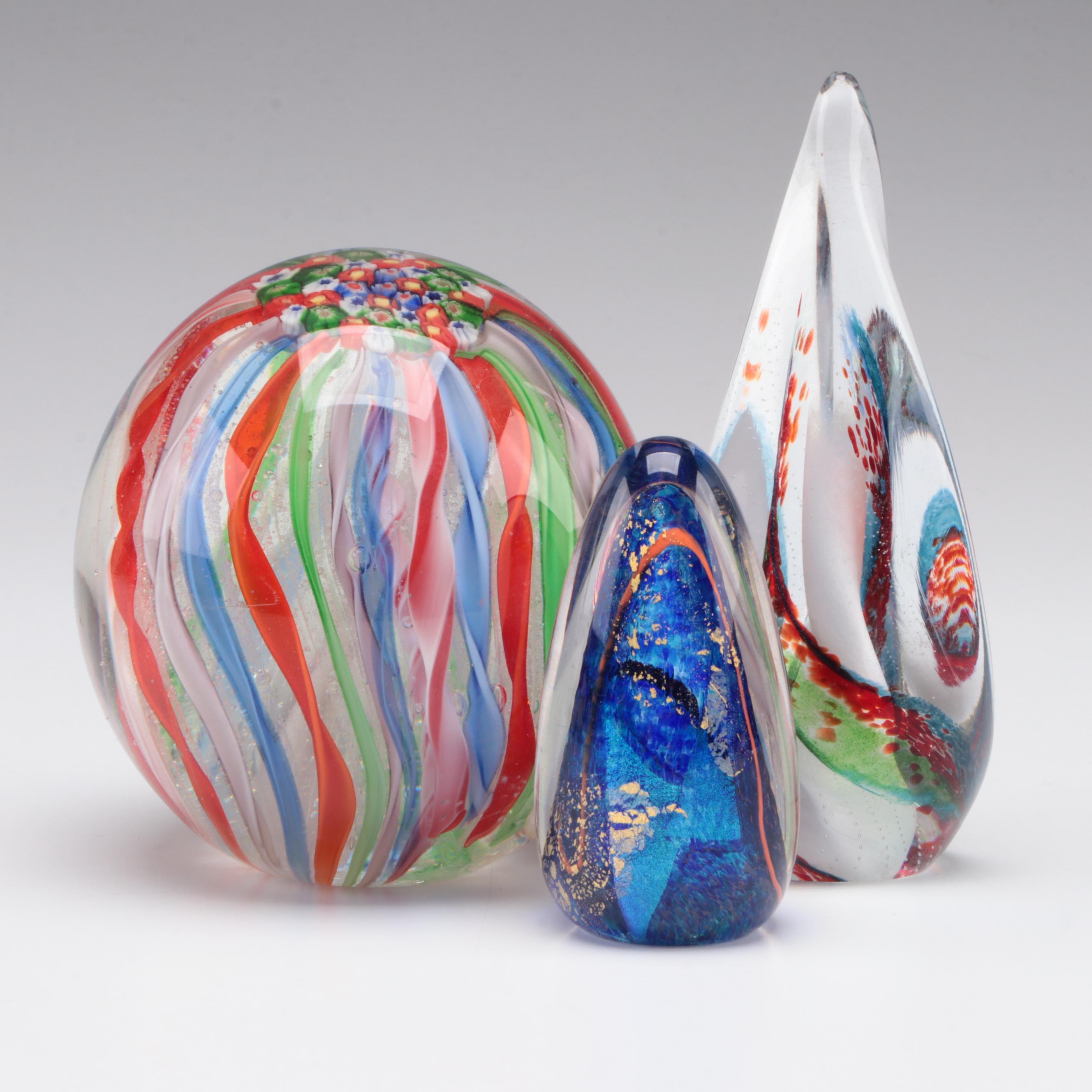Blown Art Glass Studio Paperweights With Spirals and Millefiori, Two ...